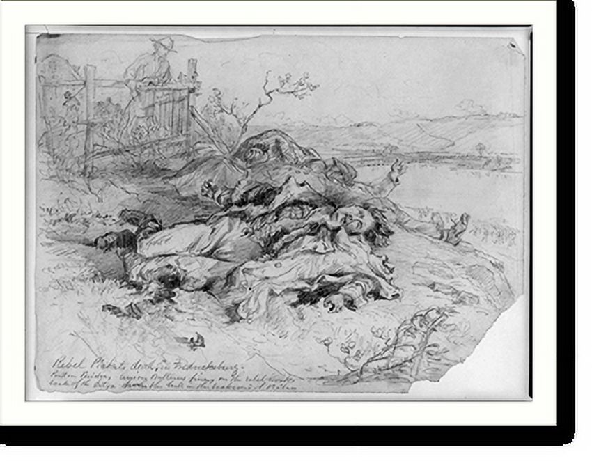 Historic Print, Rebel pickets dead, in Fredericksburg. Pontoon bridge ...