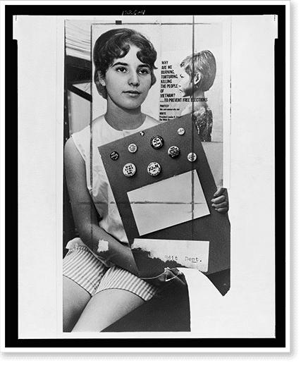 Historic Print, SDS worker Judy Pardun displays New Left" buttons", 16 ...