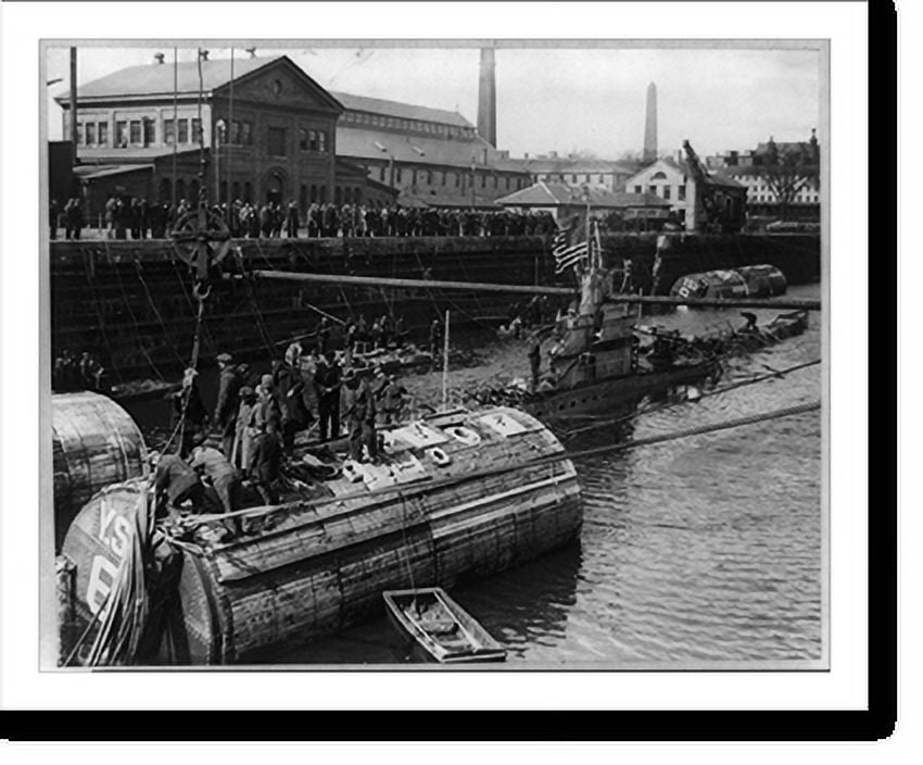 Historic Print, Salvaged submarine S-4 placed in Boston dry dock after ...