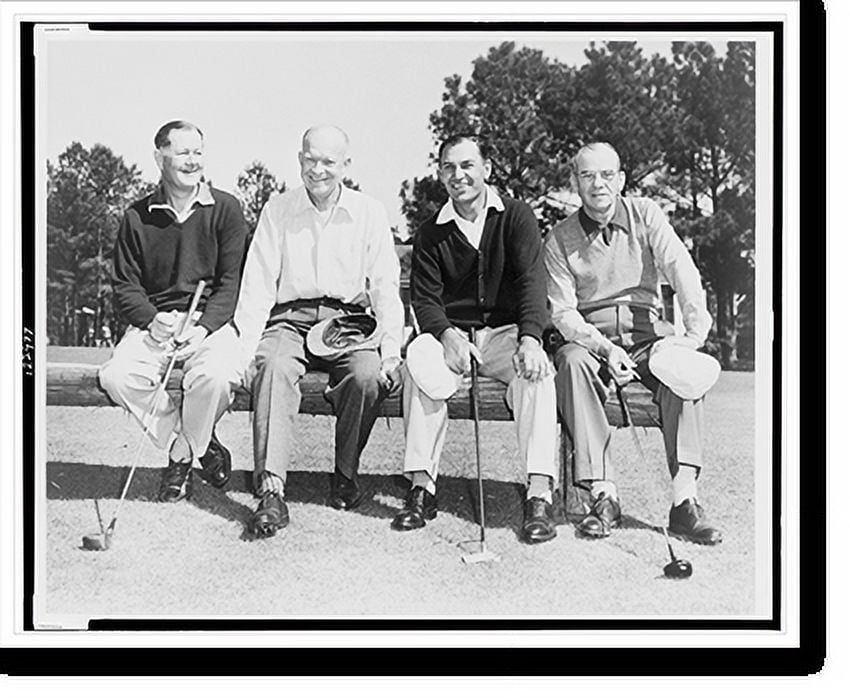 Historic Print, [Seated on bench, with golf clubs, left to right: Byron ...