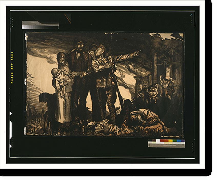 Historic Print, [Soldier giving direction to a family amid chaos and ...