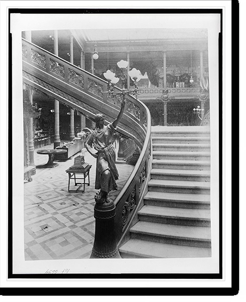 Historic Print, [Stairway with statue of woman holding light fixture ...