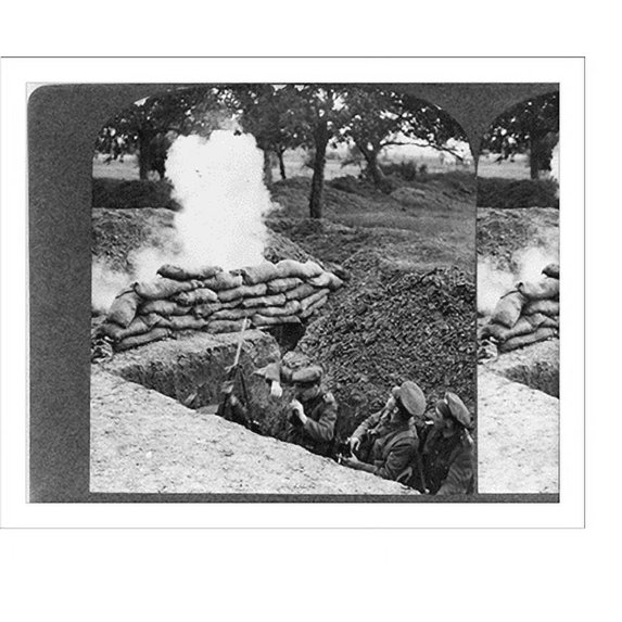 Historic Print, [Three British soldiers in trench under fire during ...