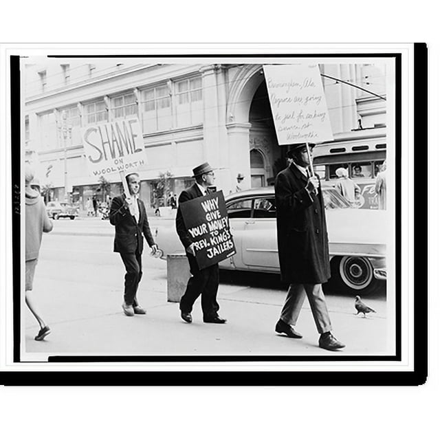 Historic Print, [Three men carrying picket signs criticizing Woolworth ...