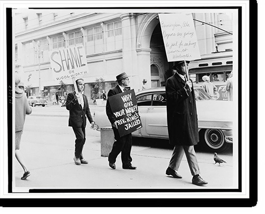Historic Print, [Three men carrying picket signs criticizing Woolworth ...