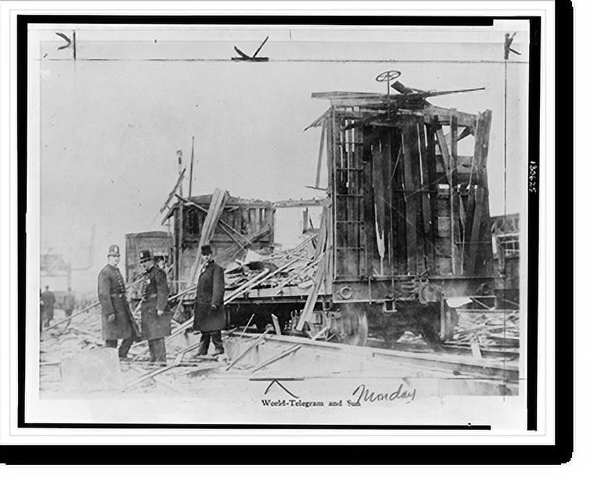 Historic Print, Two policemen and a civilian survey the ruins along the ...