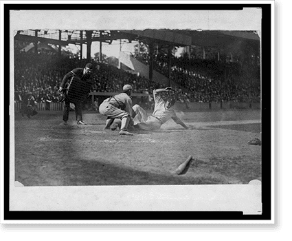 Historic Print, [Umpire ready to make the call as catcher applies tag ...