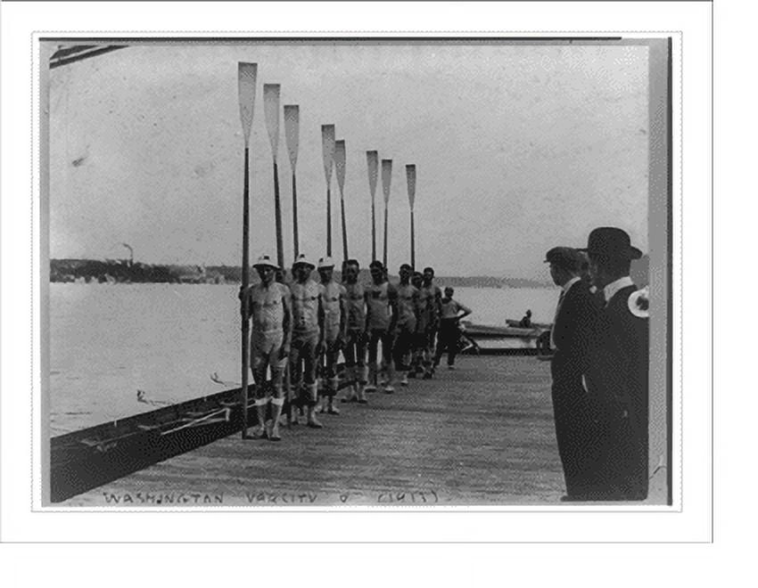 Historic Print, [Washington Varsity 8 rowing team posed on dock holding ...