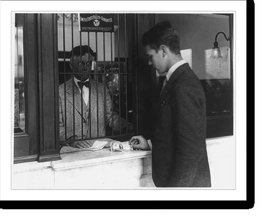 Historic Print, [Young man depositing dollar bill at bank tellers ...