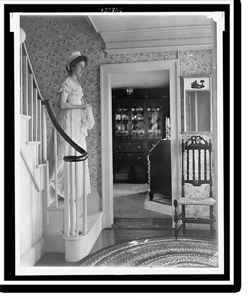 Historic Print, [Young woman in colonial dress on steps in Colonial ...