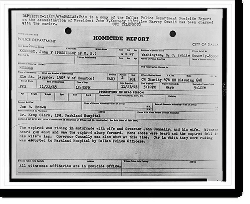 Historic Print, This is a copy of the Dallas Police Department Homicide ...