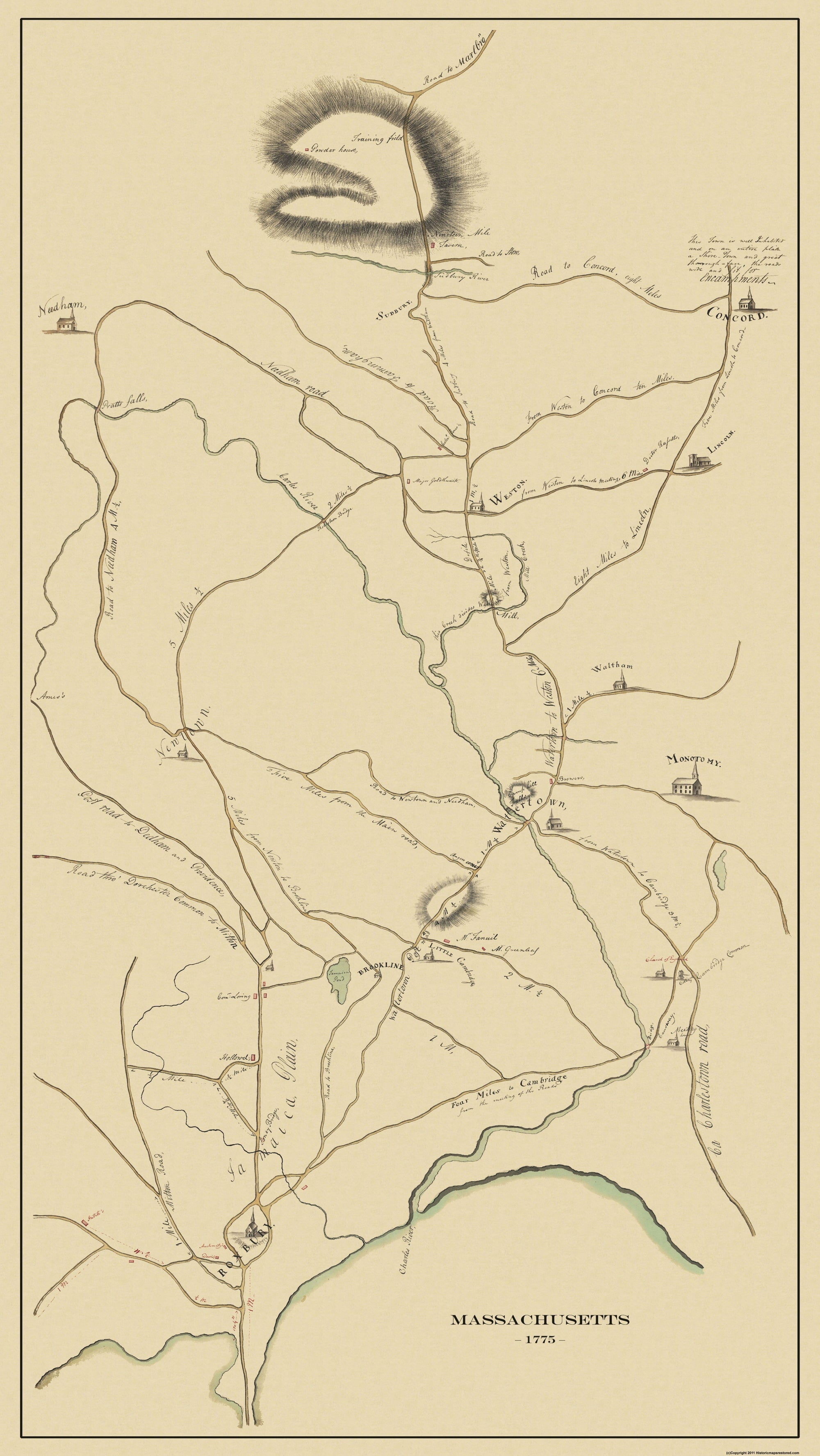 Historic Revolutionary War Map - Concord Massachusett Route - Browns ...