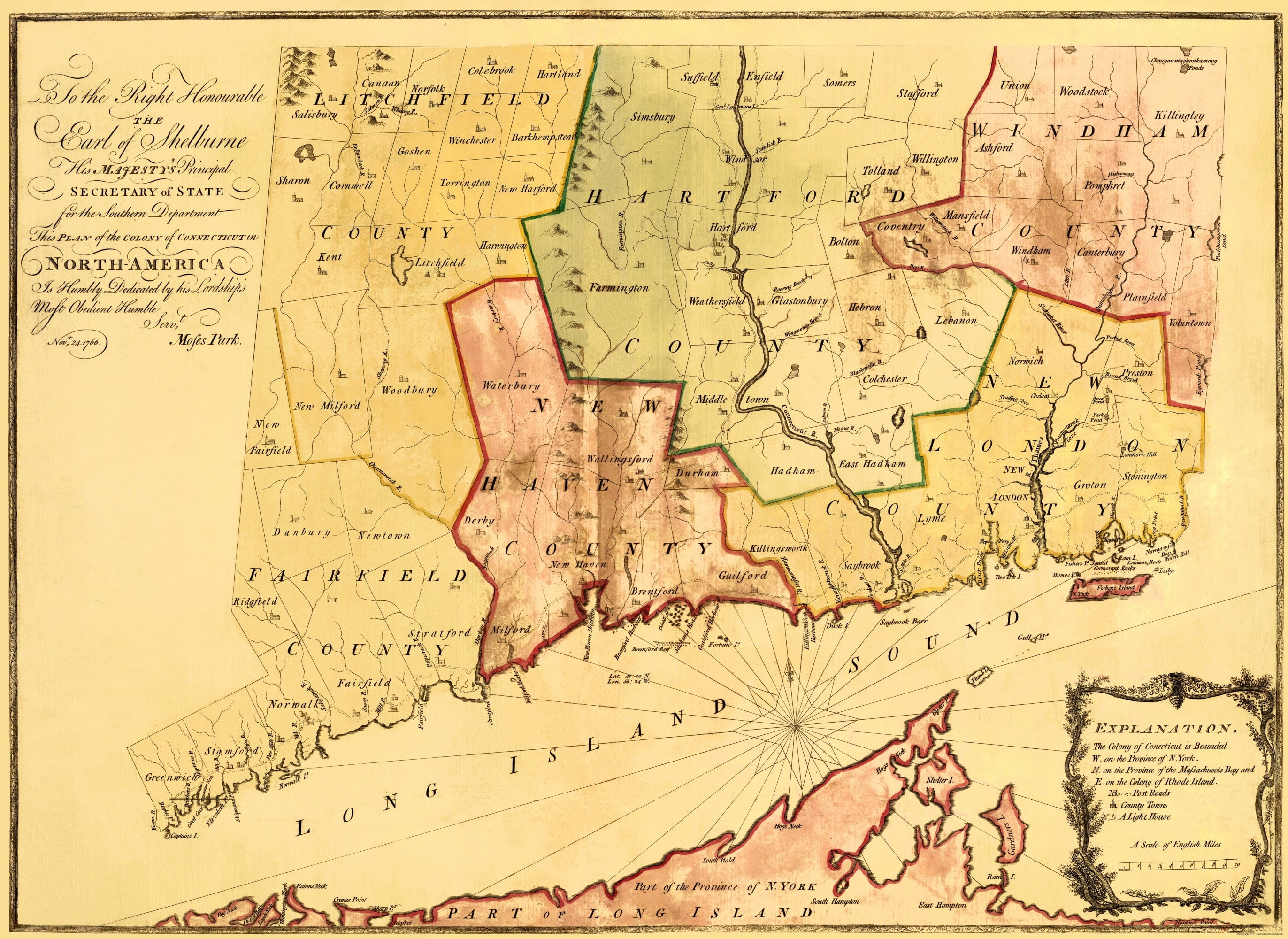 Historic Revolutionary War Map - Connecticut Colony - Park 1766 - 23 x ...
