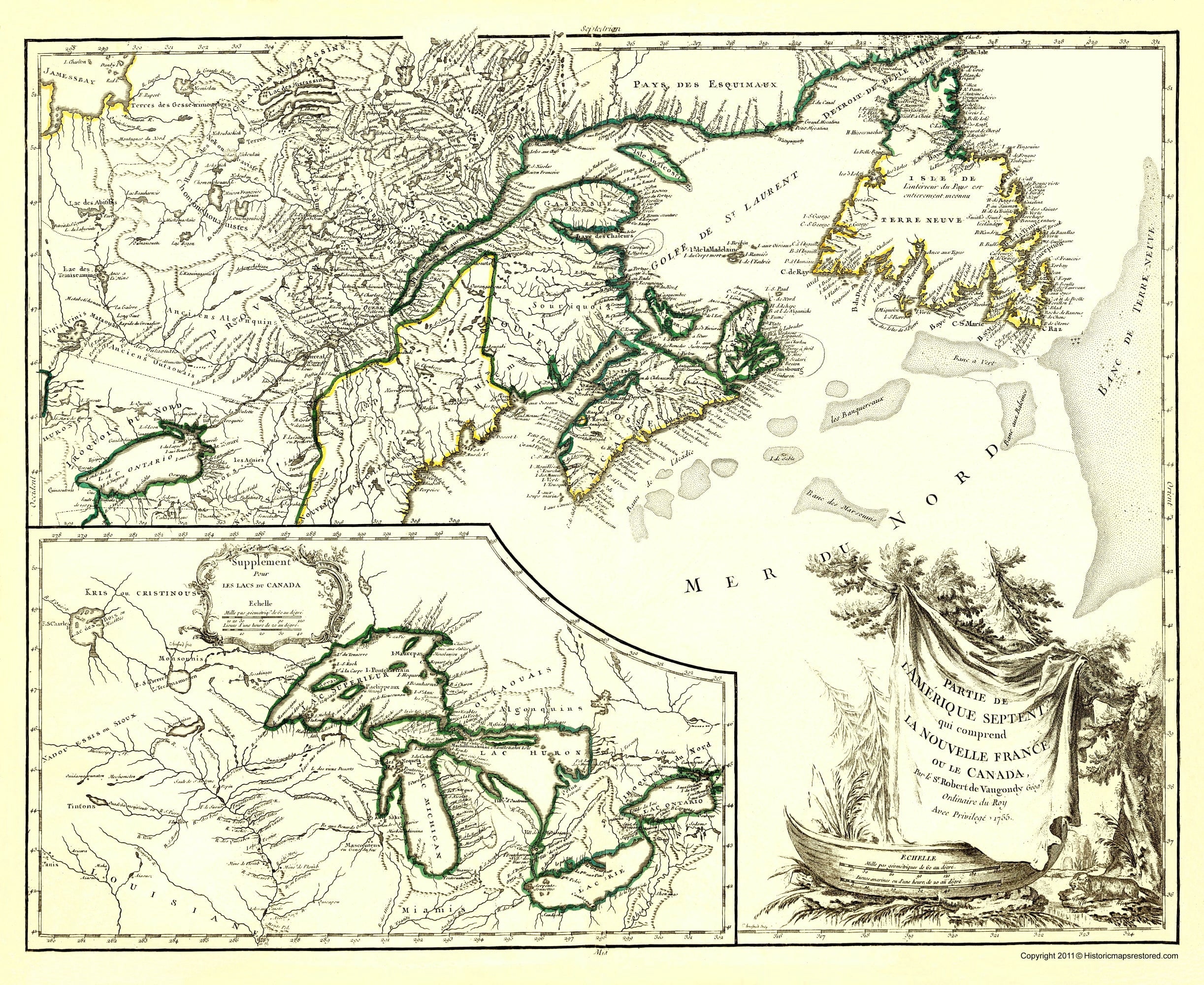 Historic Revolutionary War Map - New France Canada - Vaugondy 1755 - 23 ...