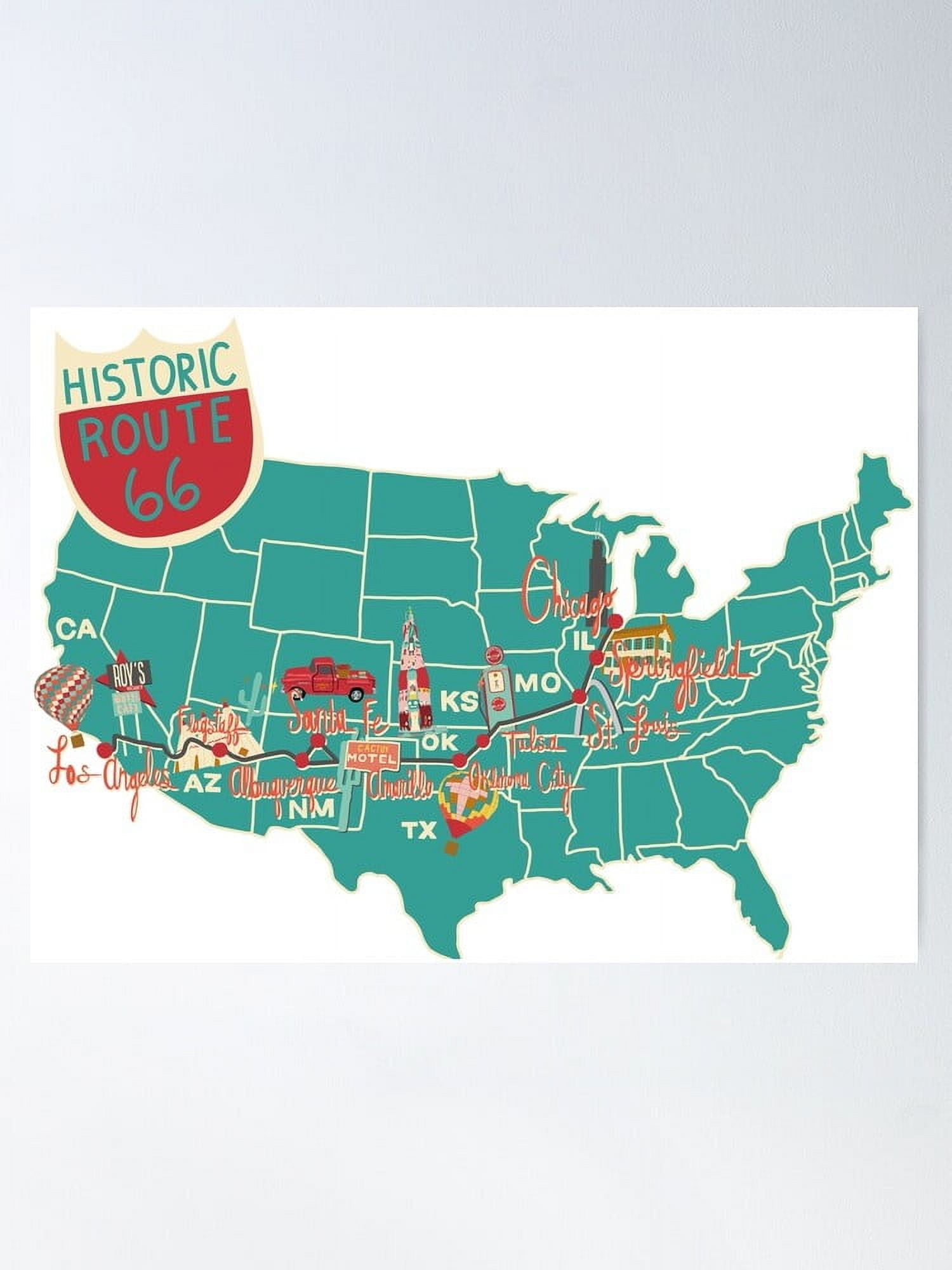 Historic Route 66 Map Poster - Walmart.com