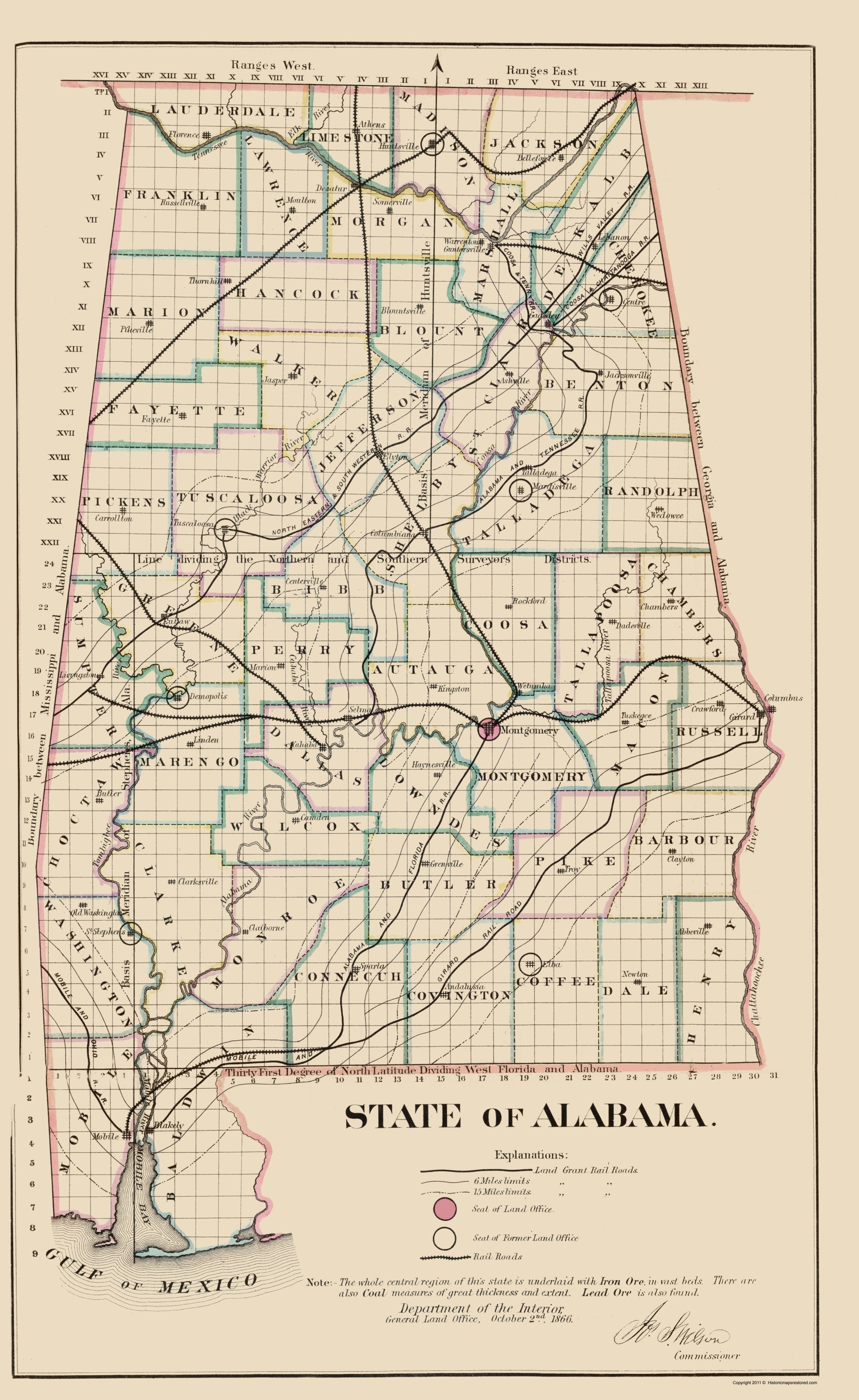 Historic State Map - Alabama - GLO 1866 - 23 x 37.48 - Vintage Wall Art ...