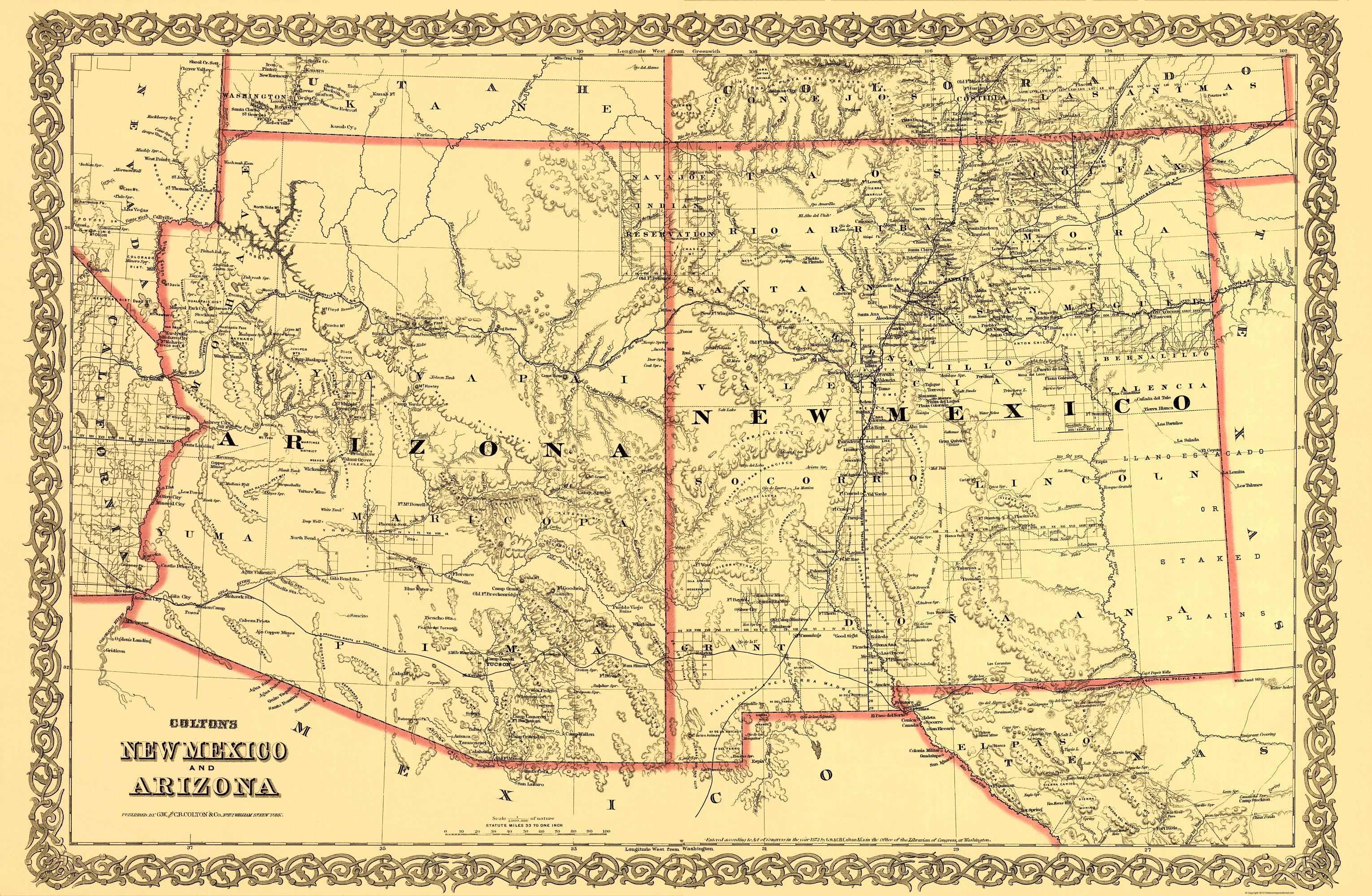 Historic State Map - Arizona New Mexico - Colton 1873 - 23 x 35.19 ...