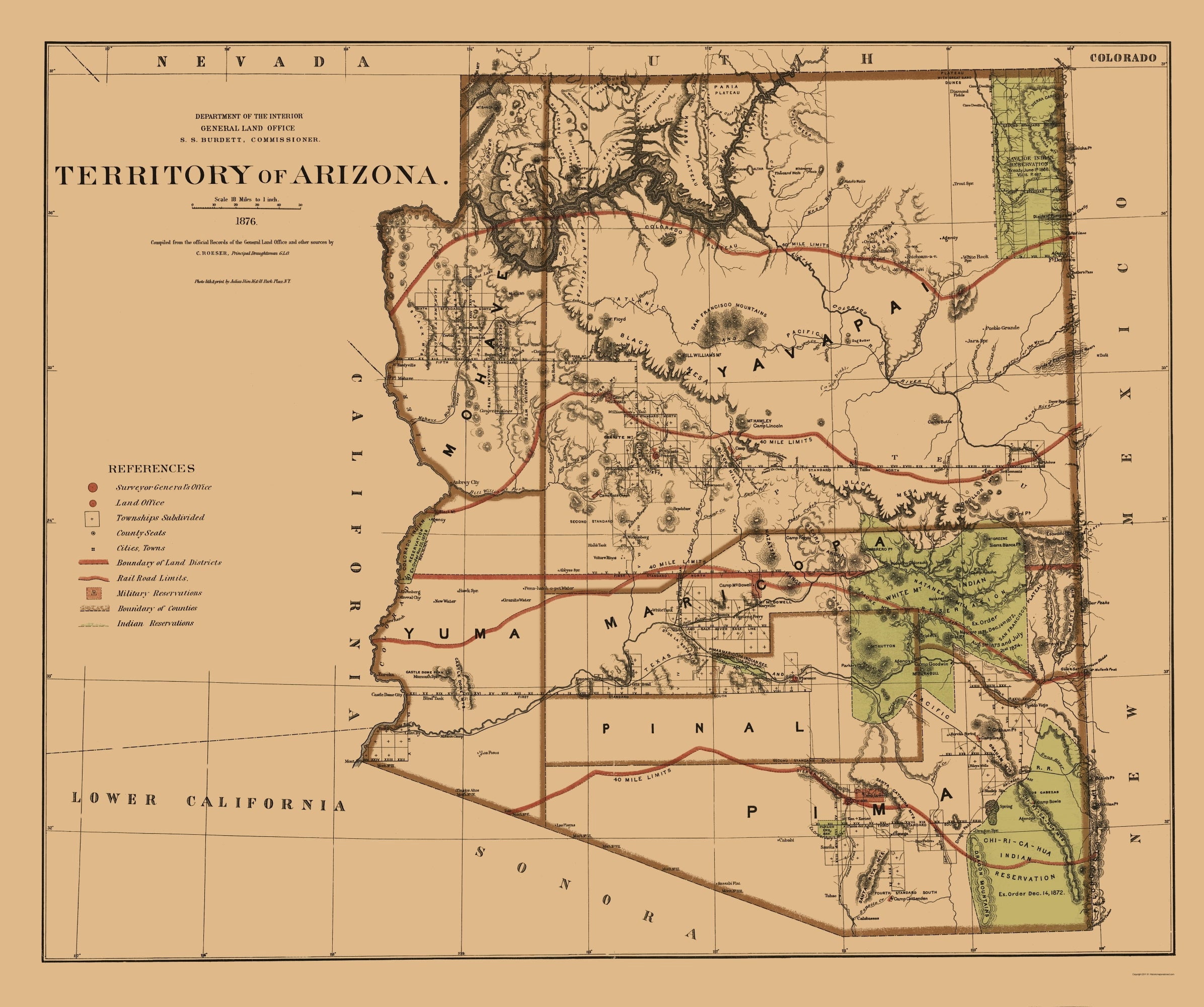 Historic State Map - Arizona Territory - GLO 1876 - 23 x 27.50 ...