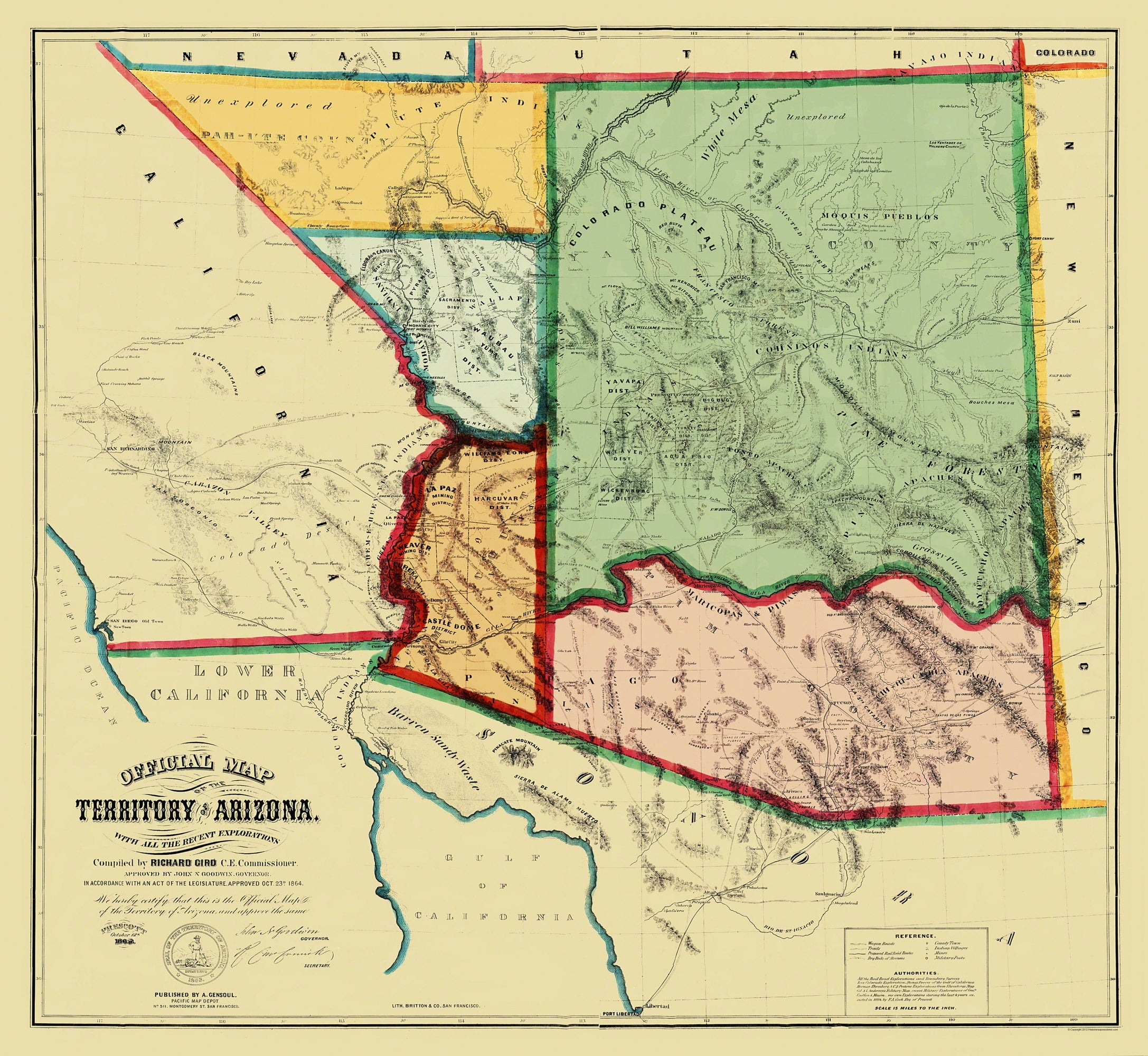 Historic State Map - Arizona Territory - Gird 1865 - Vintage Wall Art ...