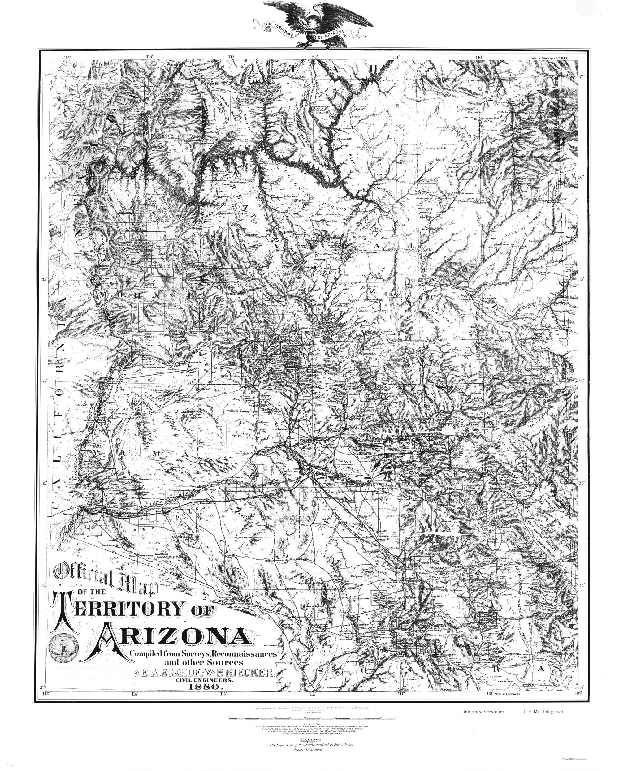 Historic State Map - Arizona Territory - Riecker 1880 - 23 x 28.66 ...