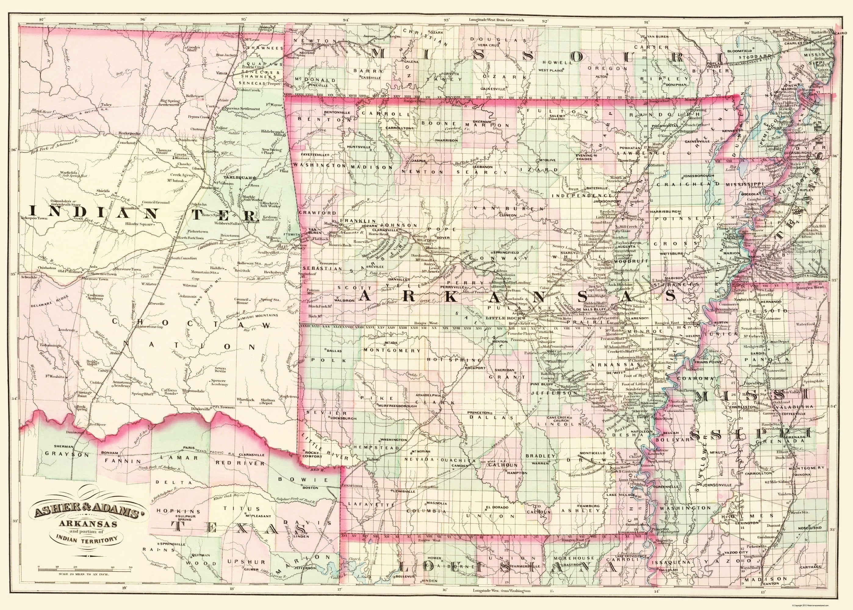 Historic State Map - Arkansas Indian Territory - Asher 1874 - 23 x 32. ...