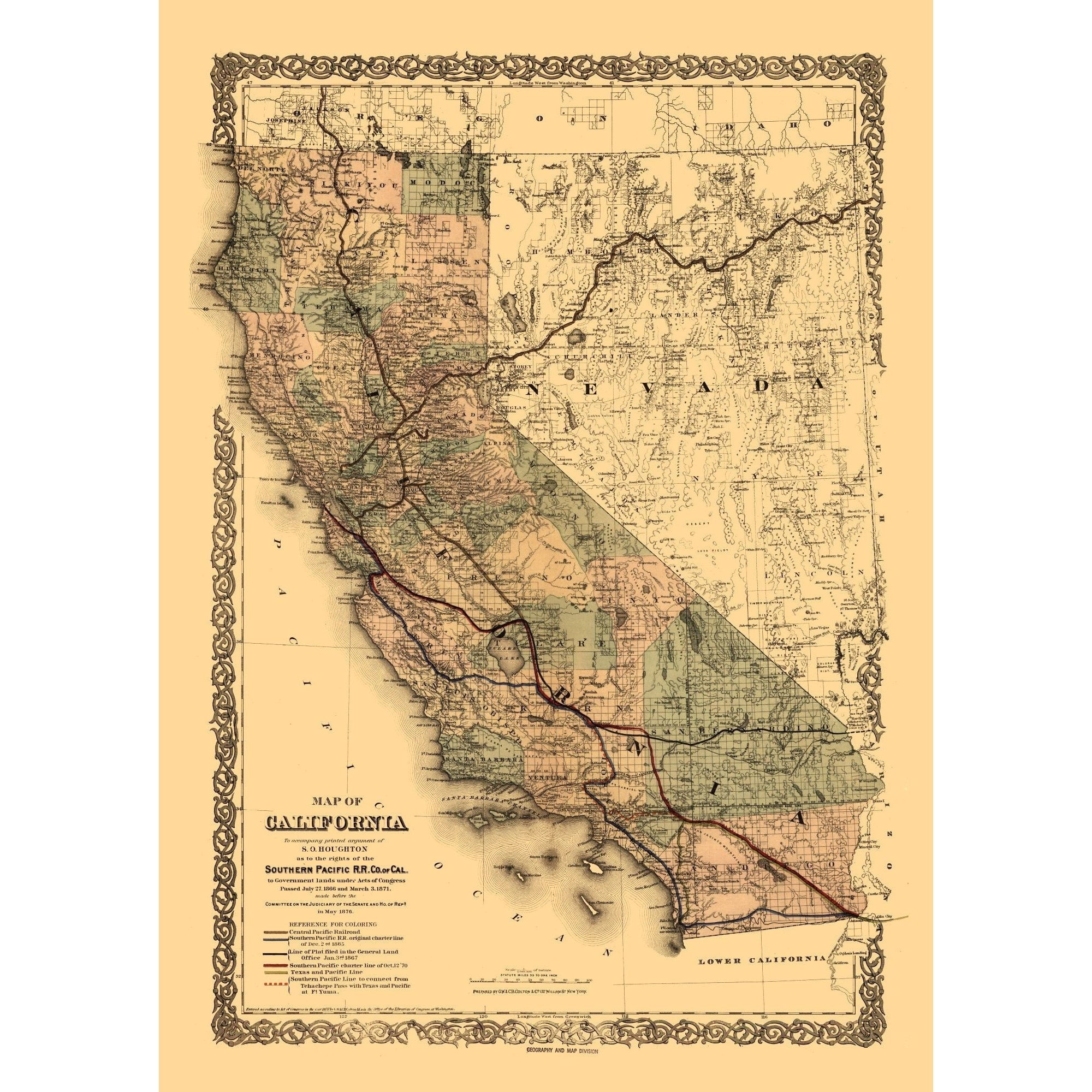 Historic State Map - California Railroads - Colton 1876 - 23 x 32.45 ...