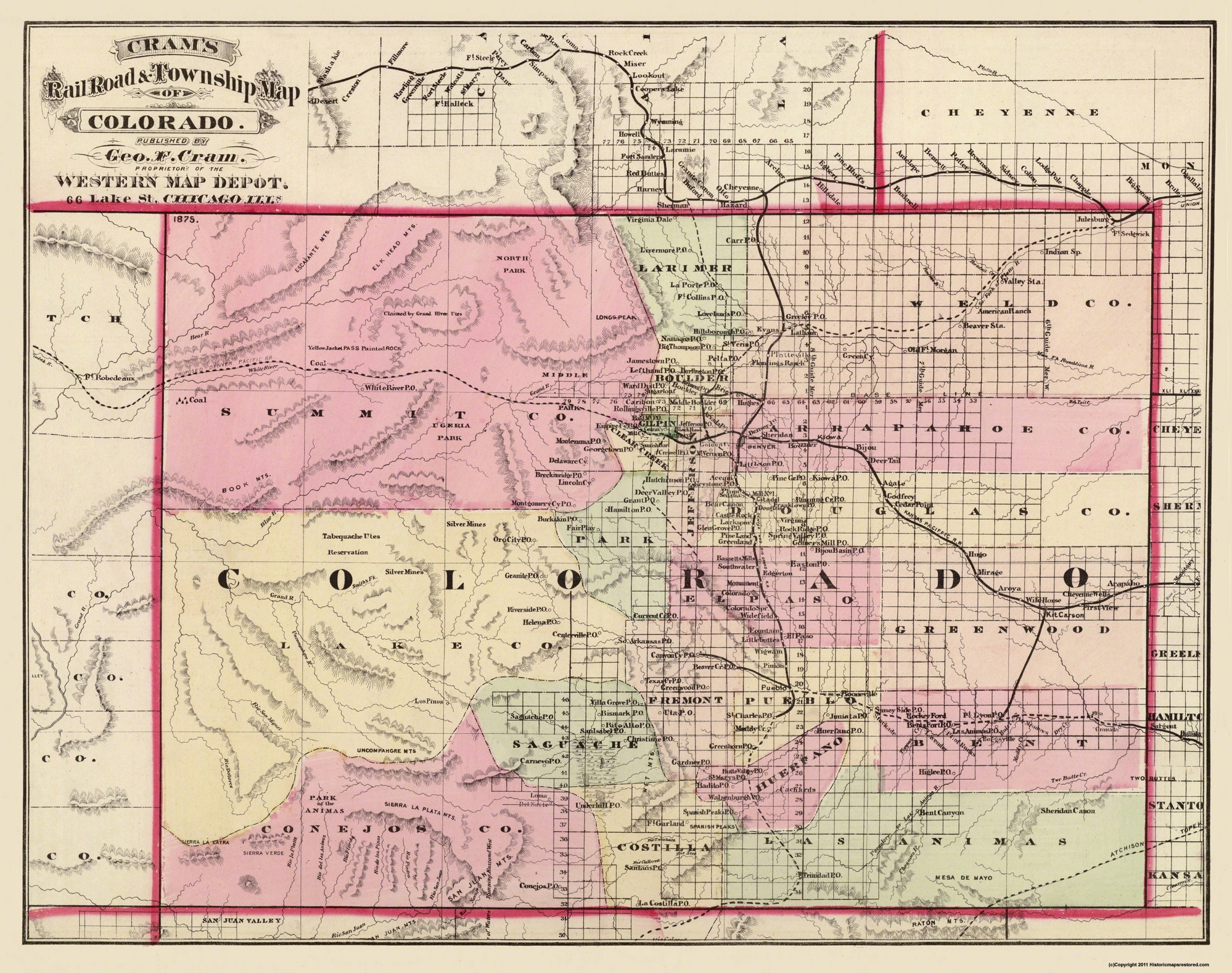 Historic State Map - Colorado - Cram 1875 - 29.13 x 23 - Vintage Wall ...