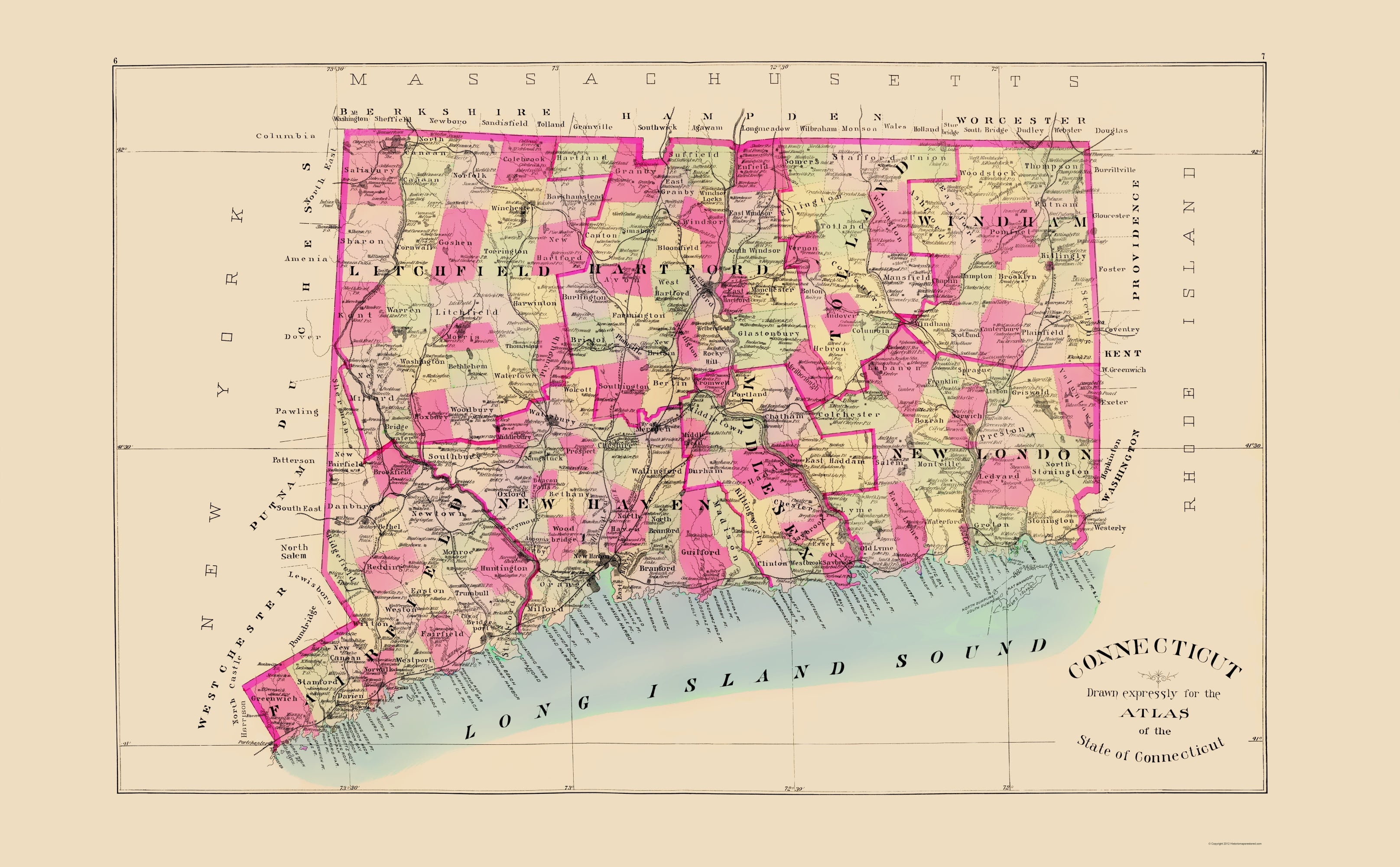 Historic State Map - Connecticut - Hurd 1893 - 23 x 37.16 - Vintage ...