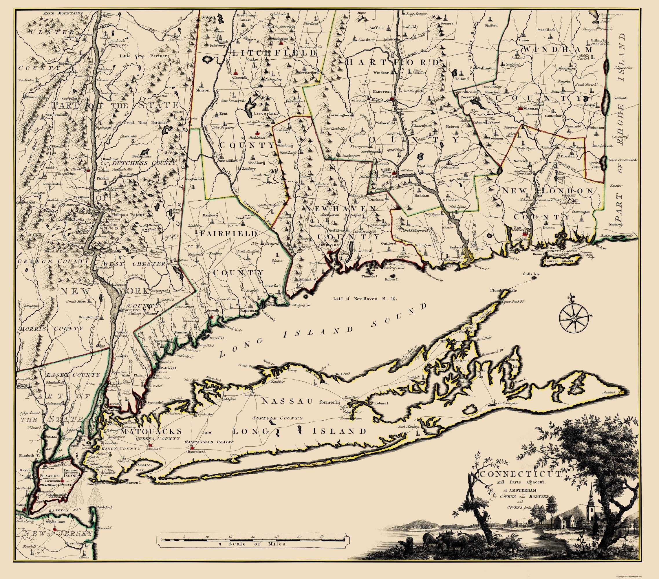 Historic State Map - Connecticut Long Island New York - Covens 1780 ...