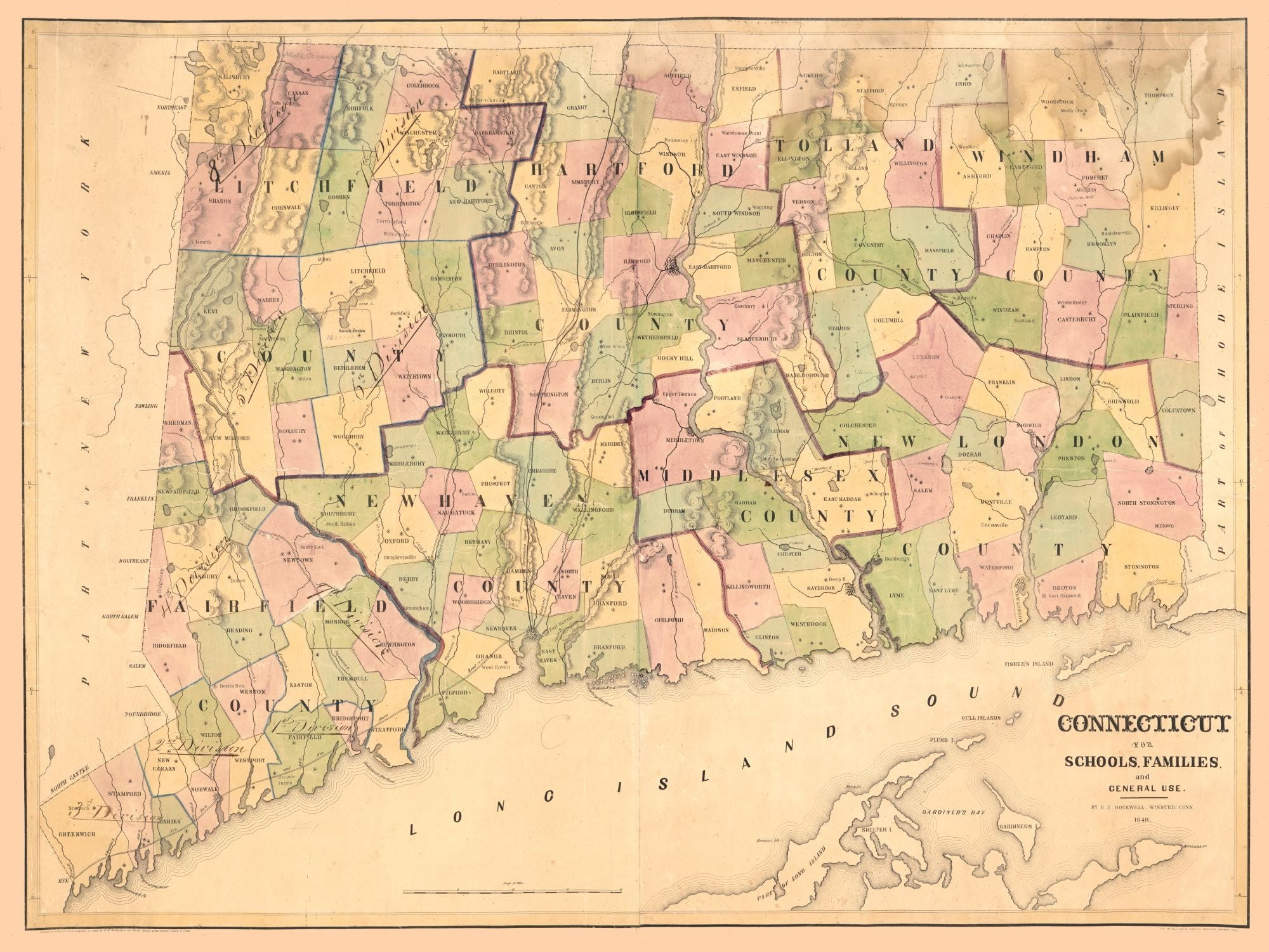 Historic State Map - Connecticut - Rockwell 1848 - 30.64 x 23 - Vintage ...