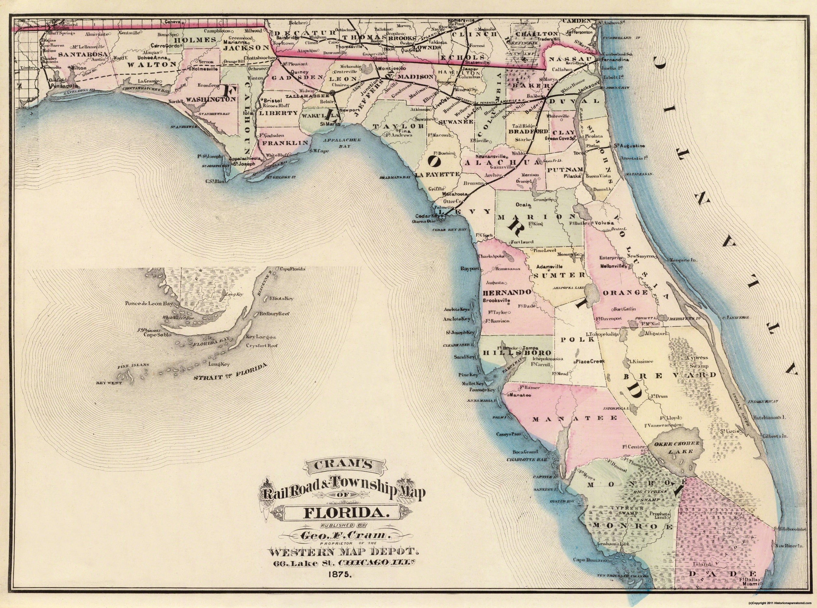 Historic State Map - Florida - Cram 1875 - Vintage Wall Art - Walmart.com