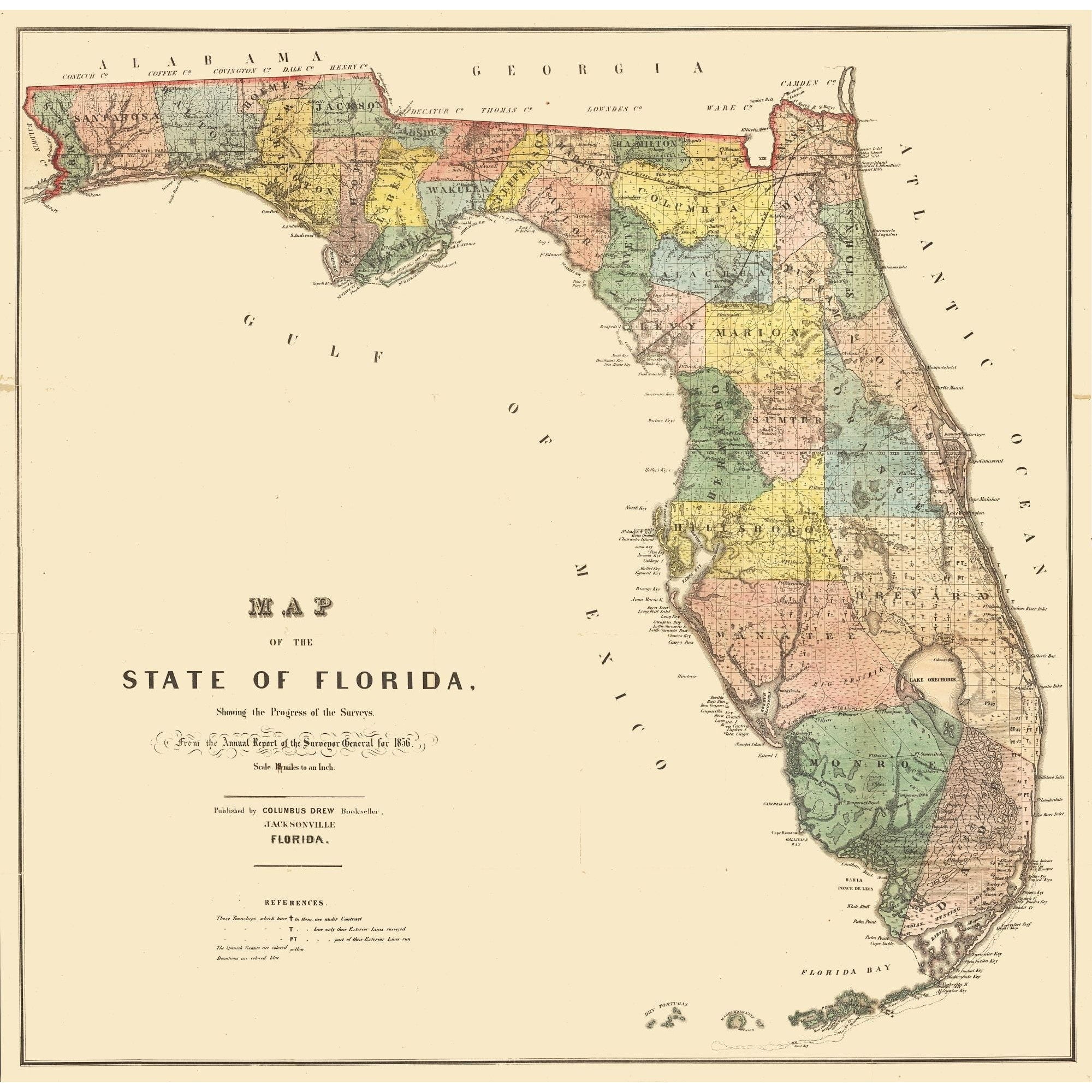 Historic State Map - Florida - Drew 1856 - 23.43 x 23 - Vintage Wall ...