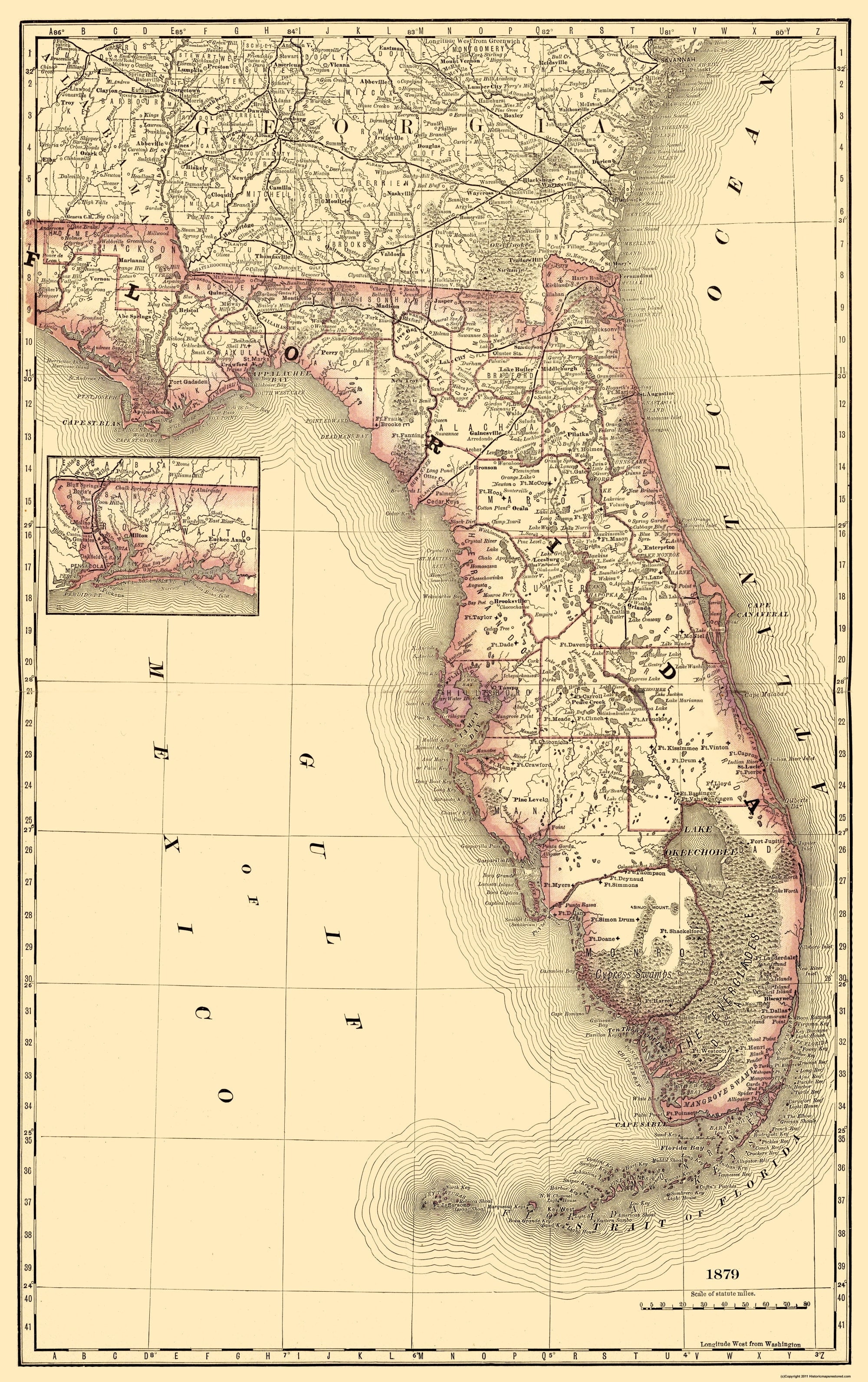 Historic State Map - Florida - Rand McNally 1879 - 23 x 36.56 - Vintage ...