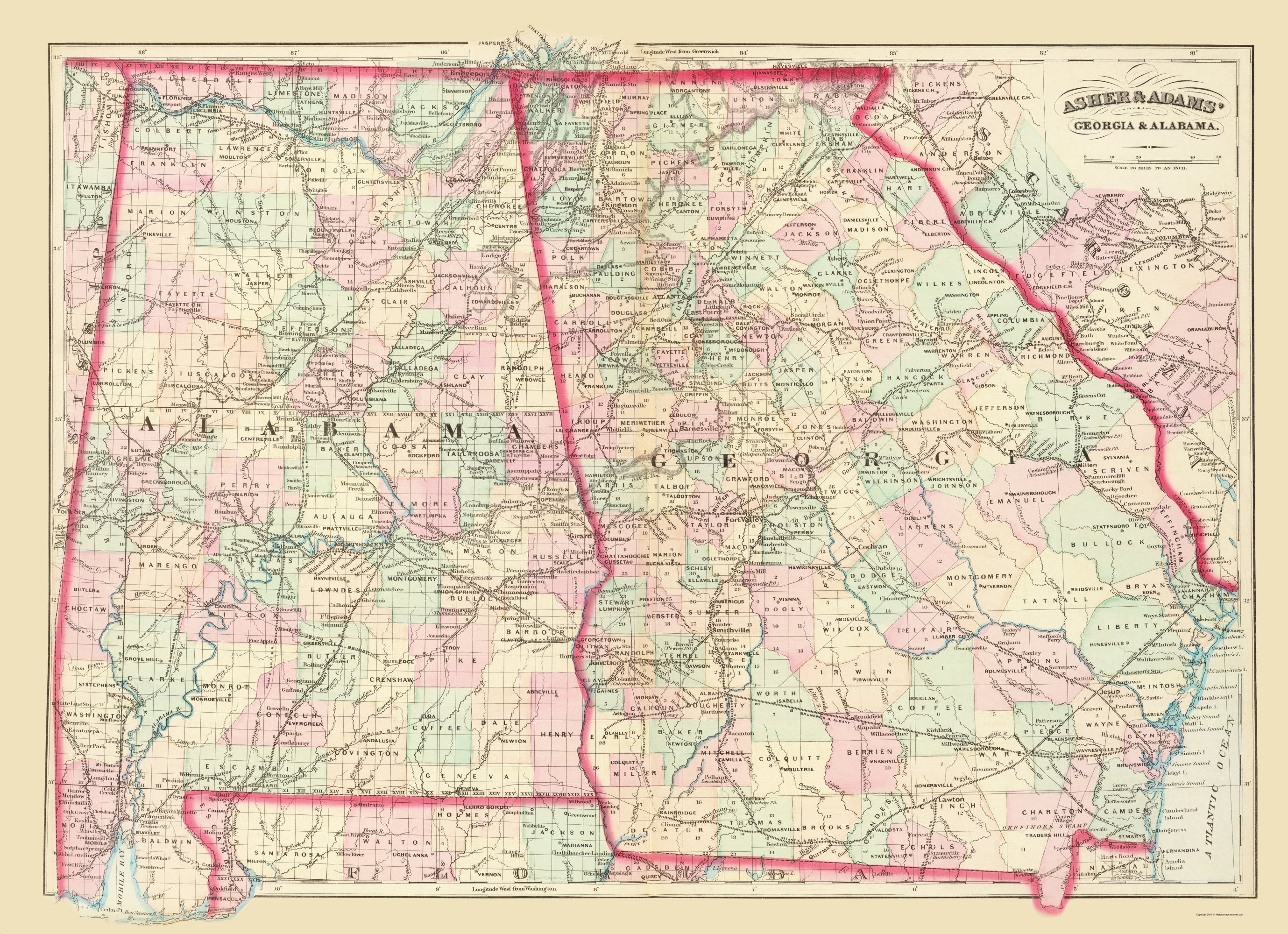 Historic State Map - Georgia Alabama - Asher 1874 - Vintage Wall Art ...
