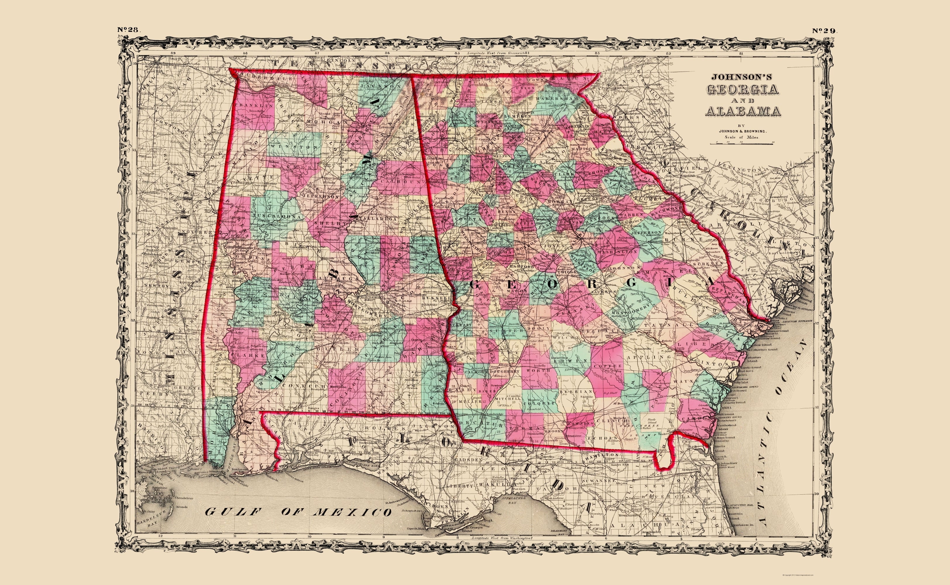 Historic State Map - Georgia Alabama - Johnson 1860 - 23 x 37.34 ...