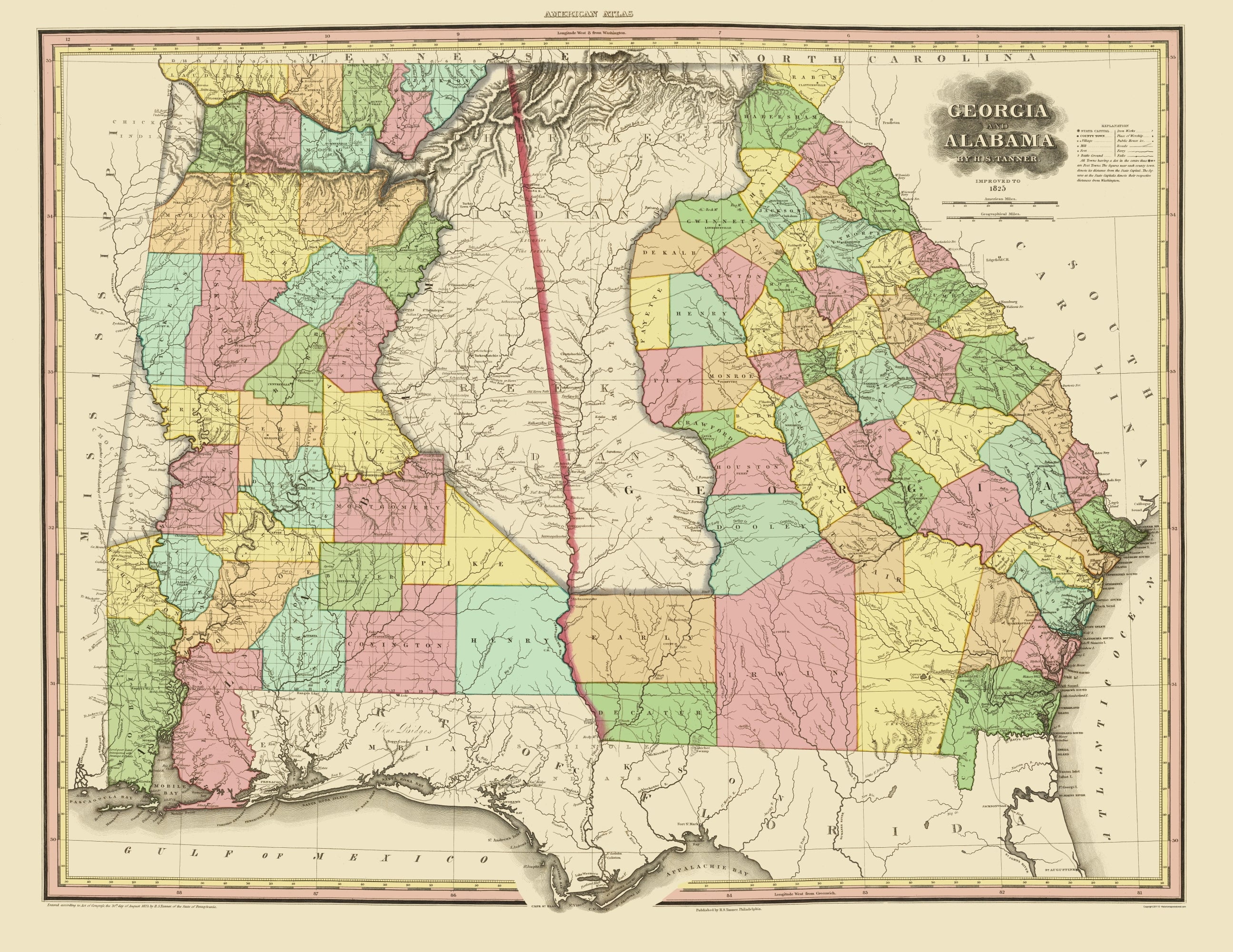 Historic State Map - Georgia Alabama - Tanner 1825 - 23 x 29.80 ...