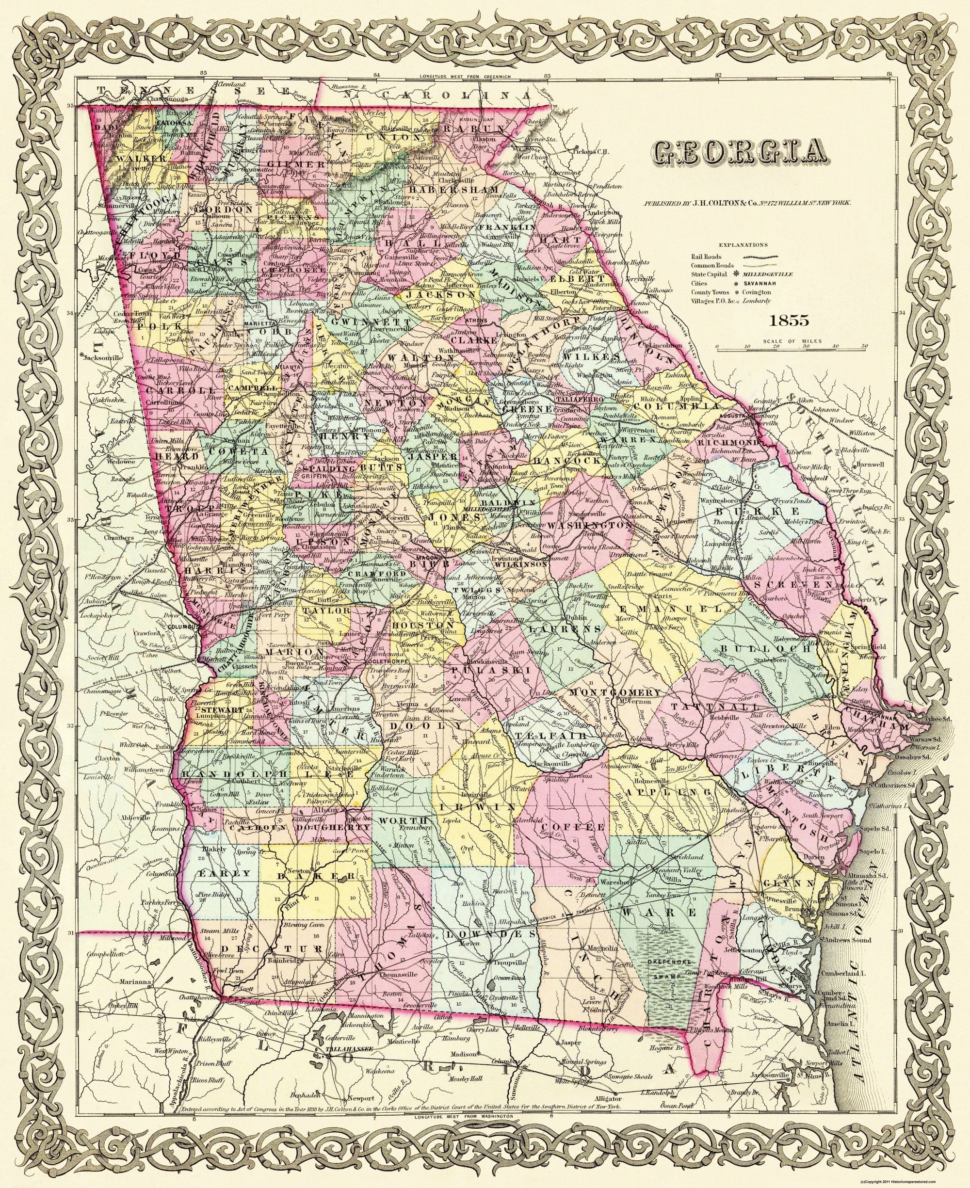 Historic State Map - Georgia - Colton 1855 - 23 x 28.19 - Vintage Wall ...