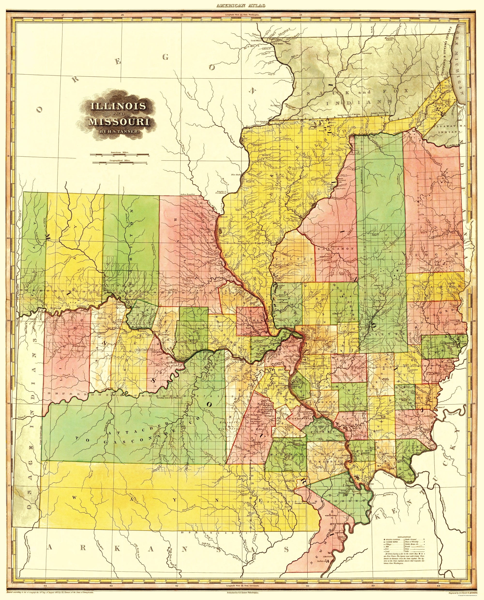 Historic State Map - Illinois Missouri - Tanner 1823 - 23 x 28.51 ...