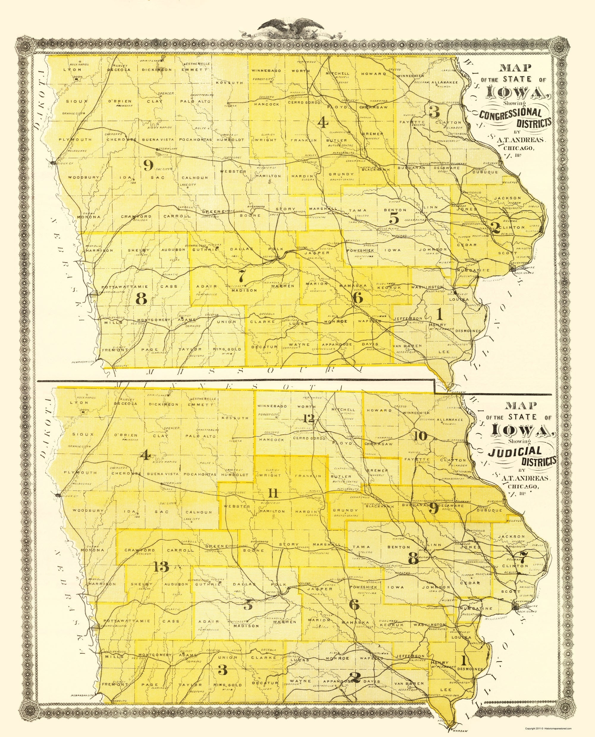 Historic State Map - Iowa Congressional Judicial Districts 1874 - 23 x ...