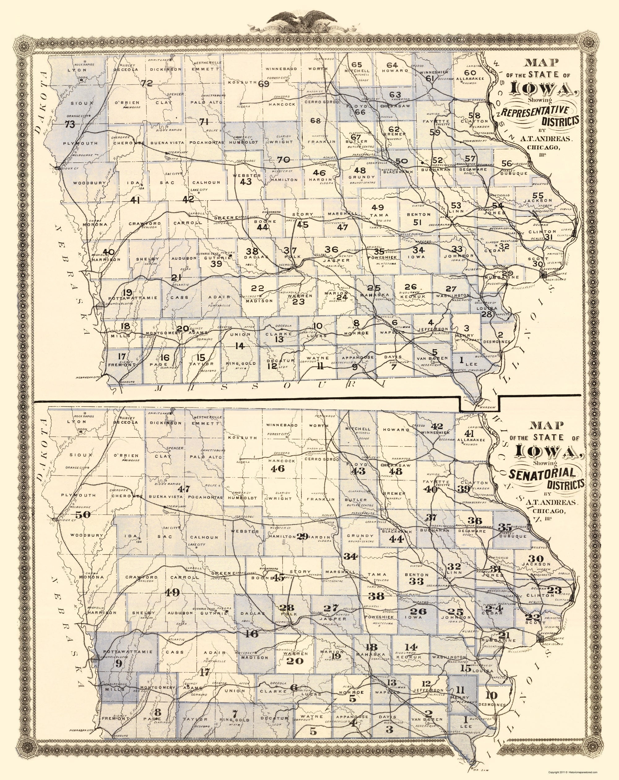 Historic State Map - Iowa Representative Senatorial Districts 1874 - 23 ...