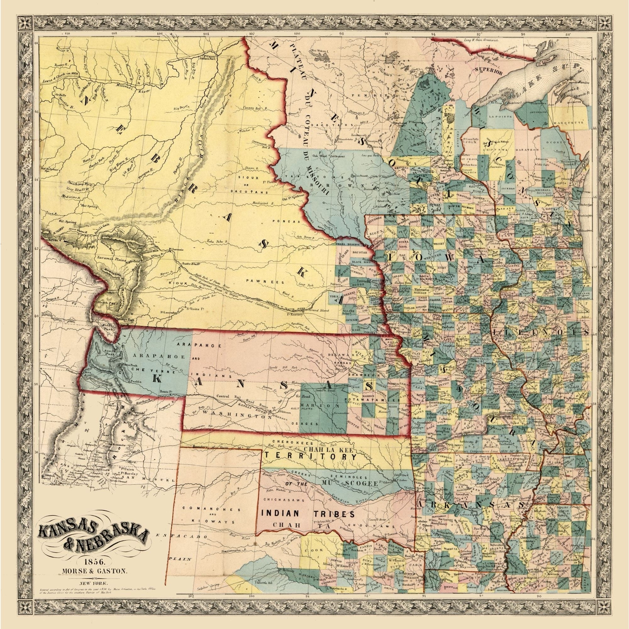 Historic State Map - Kansas Nebraska - Gaston 1856 - 23 x 23.03 ...