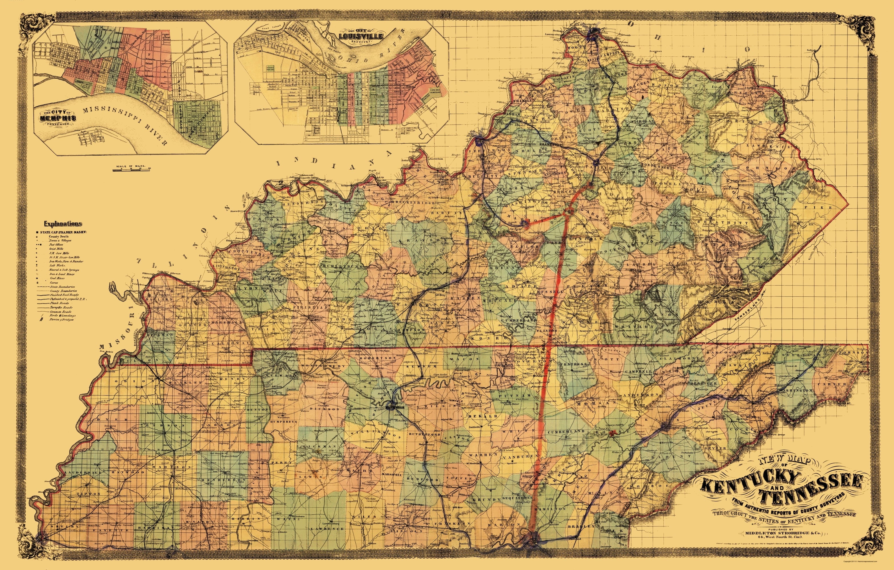 Historic State Map - Kentucky Tennessee - Middleton 1861 - 23 x 36.02 ...