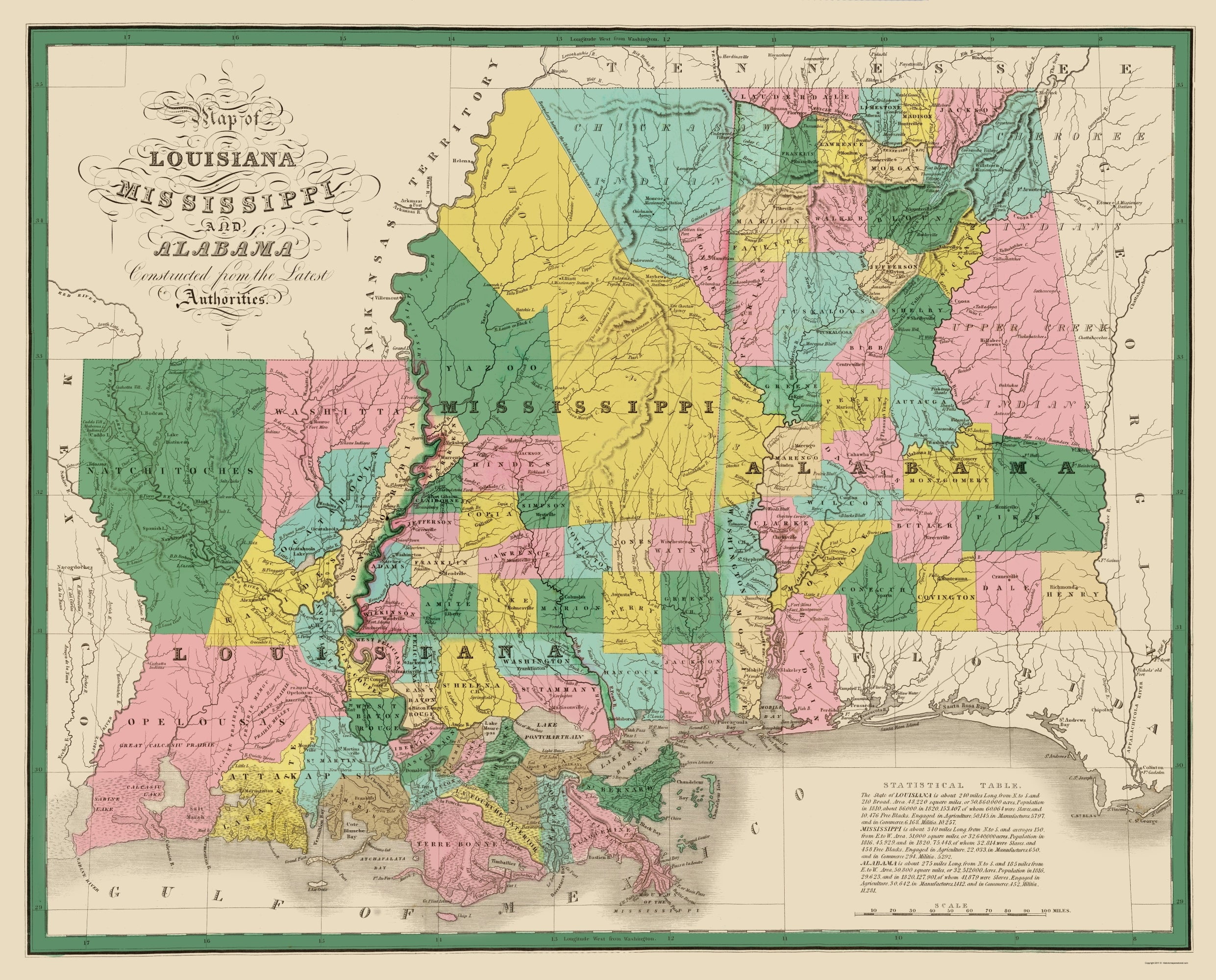 Historic State Map - Louisiana Mississippi Alabama - Finley 1827 - 23 x ...