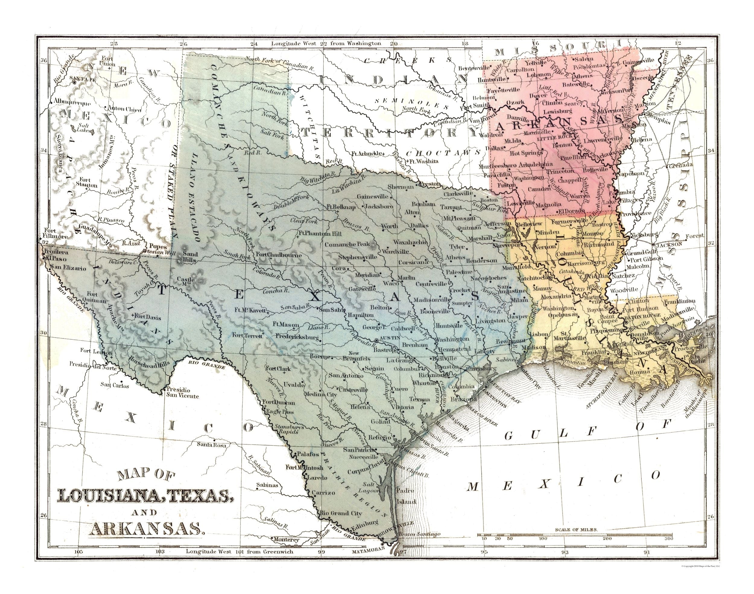 Historic State Map - Louisiana Texas Arkansas - Mitchell 1869 - 29.19 x ...