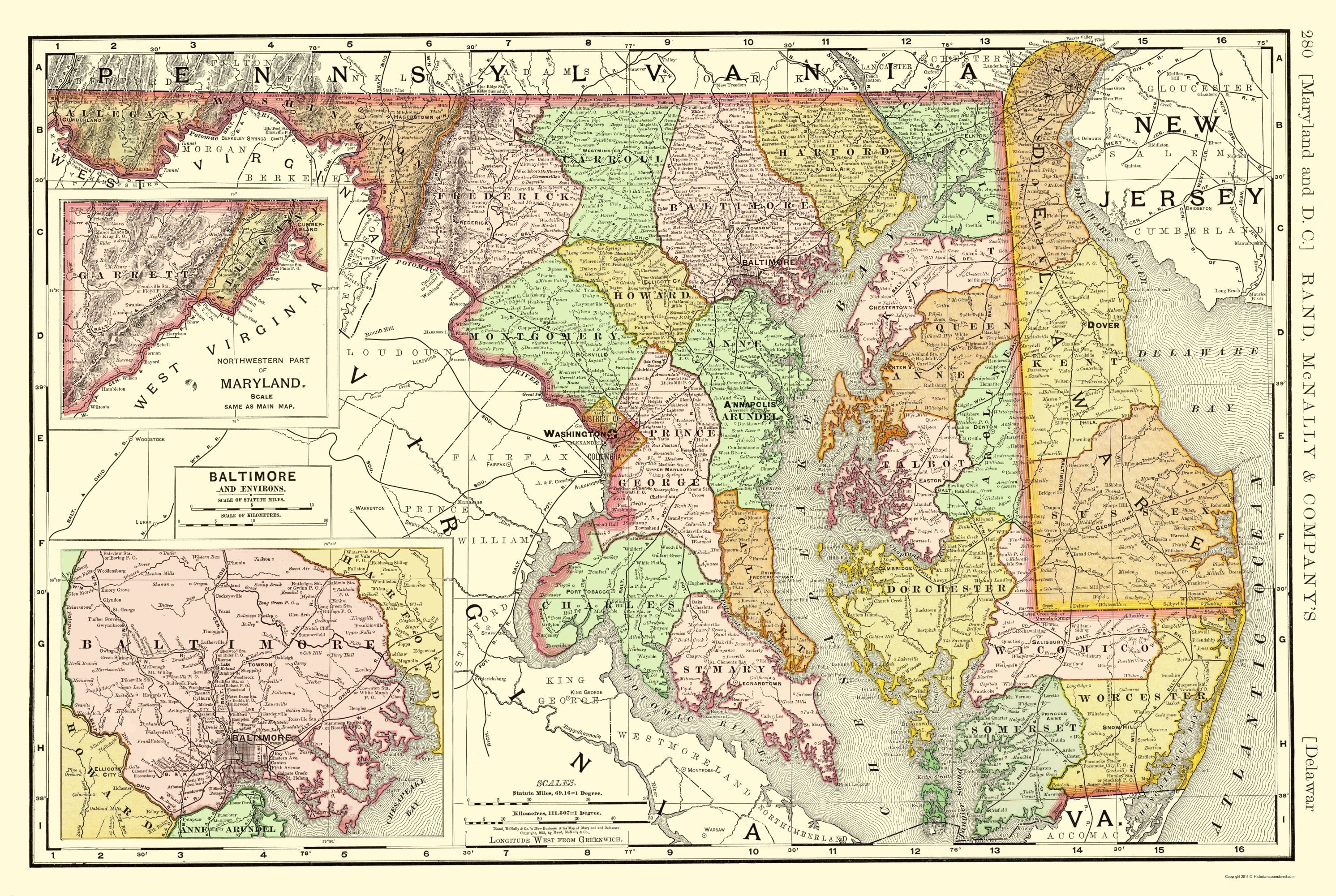 Historic State Map - Maryland Delaware - Rand McNally 1893 - 23 x 34.30 ...