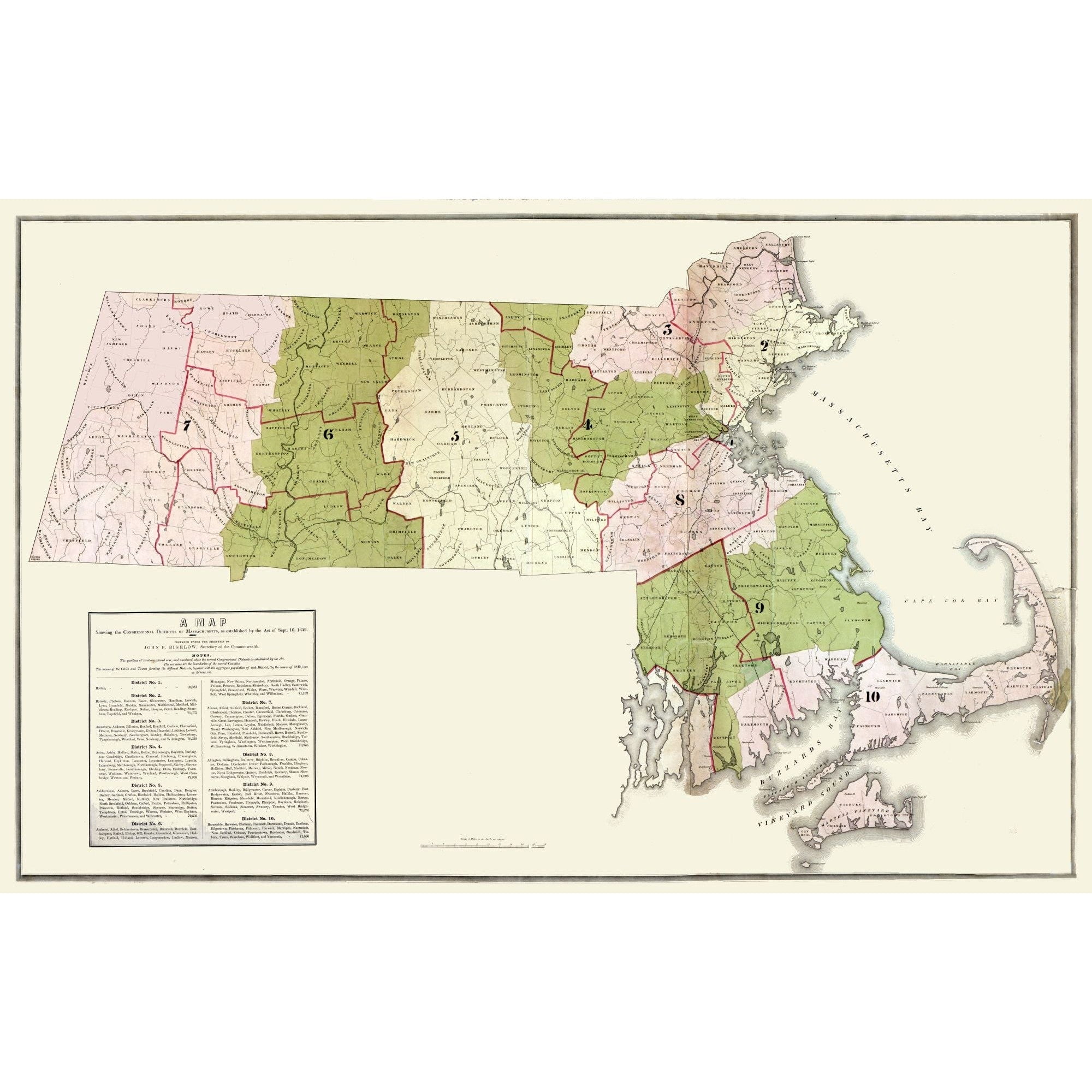Historic State Map - Massachusetts Election Districts - Bigelow 1842 ...