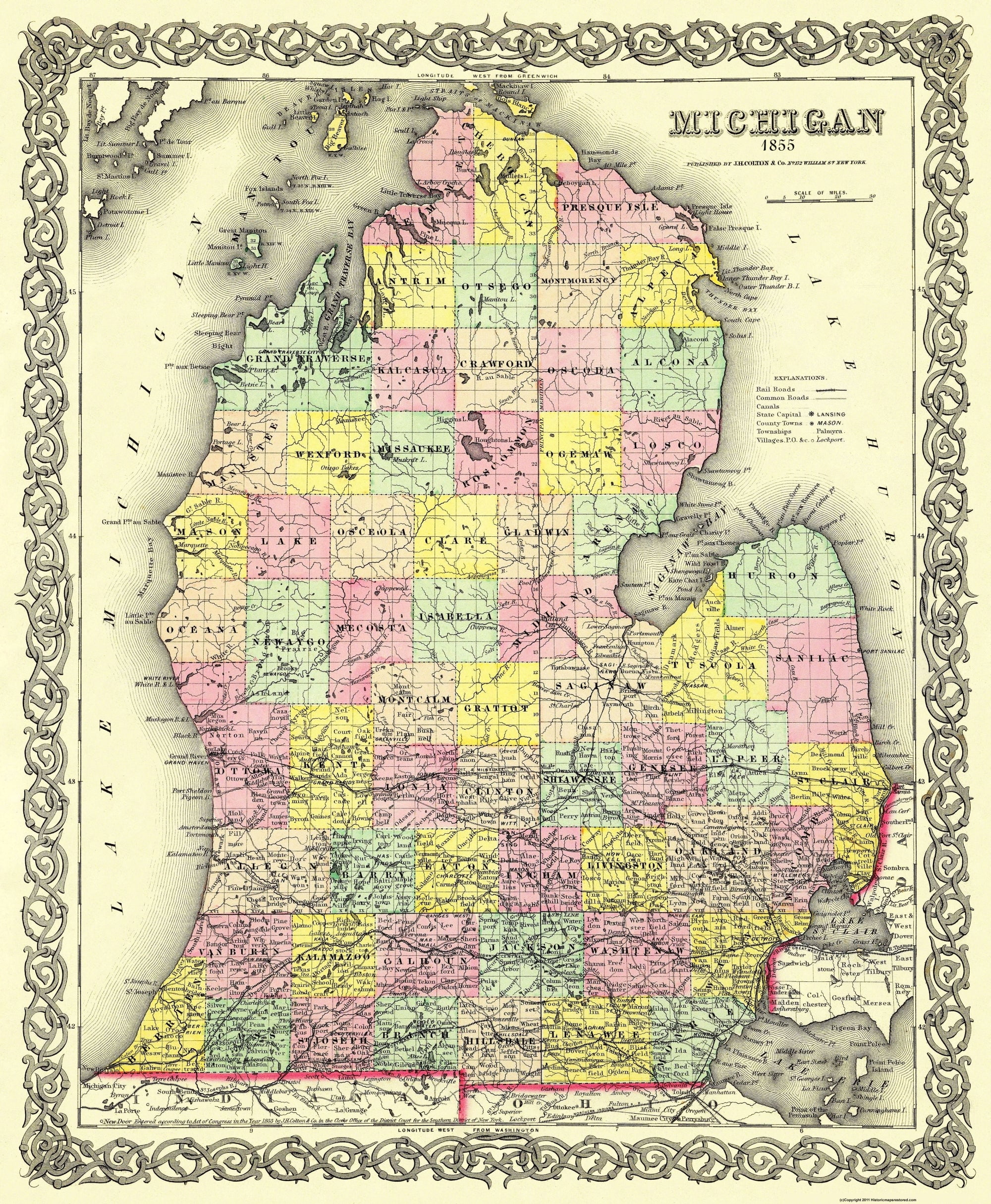 Historic State Map - Michigan Lower Peninsula - Colton 1855 - 23 x 27. ...