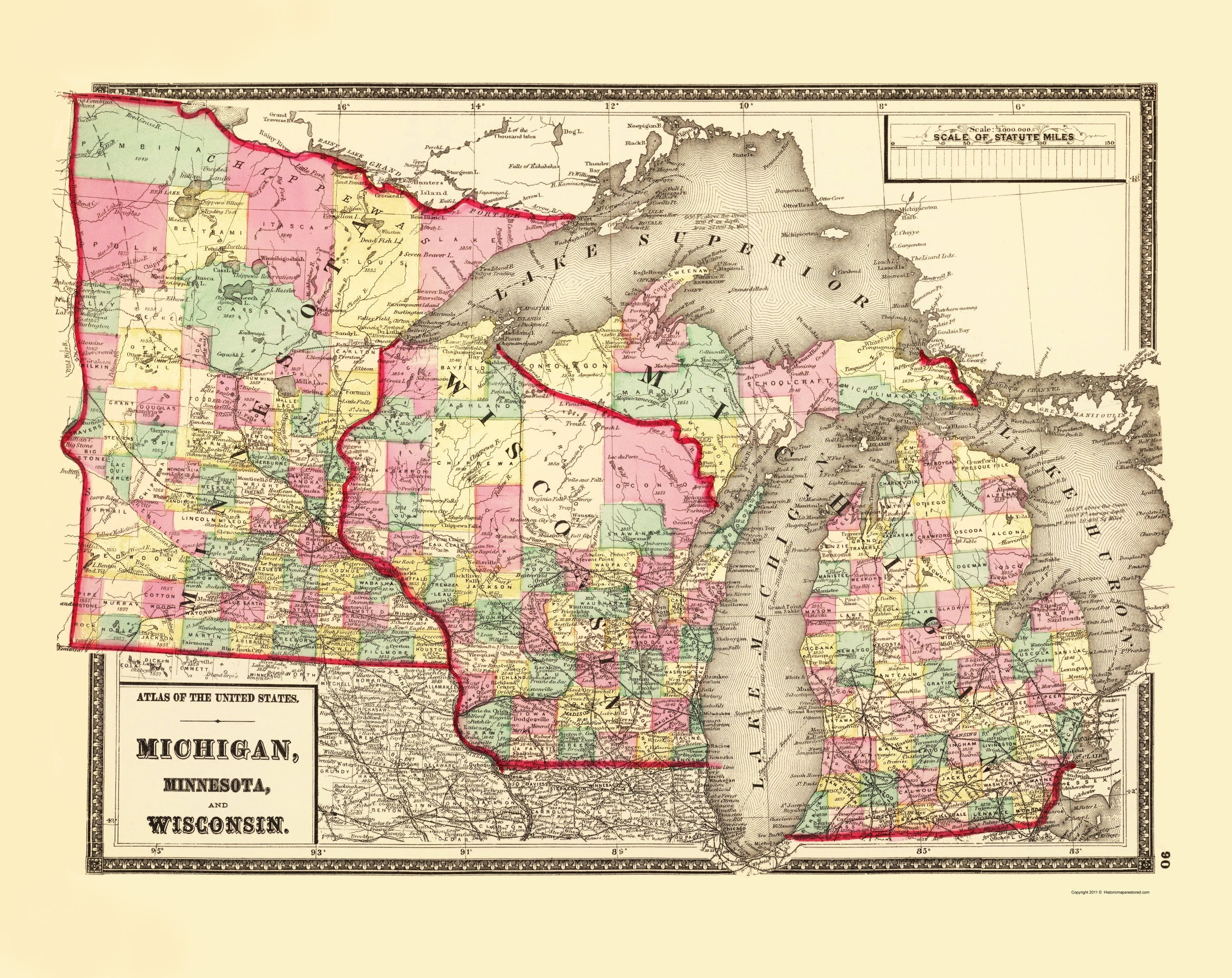 Historic State Map - Michigan Minnesota Wisconsin - Baltimore 1873 - 23 ...