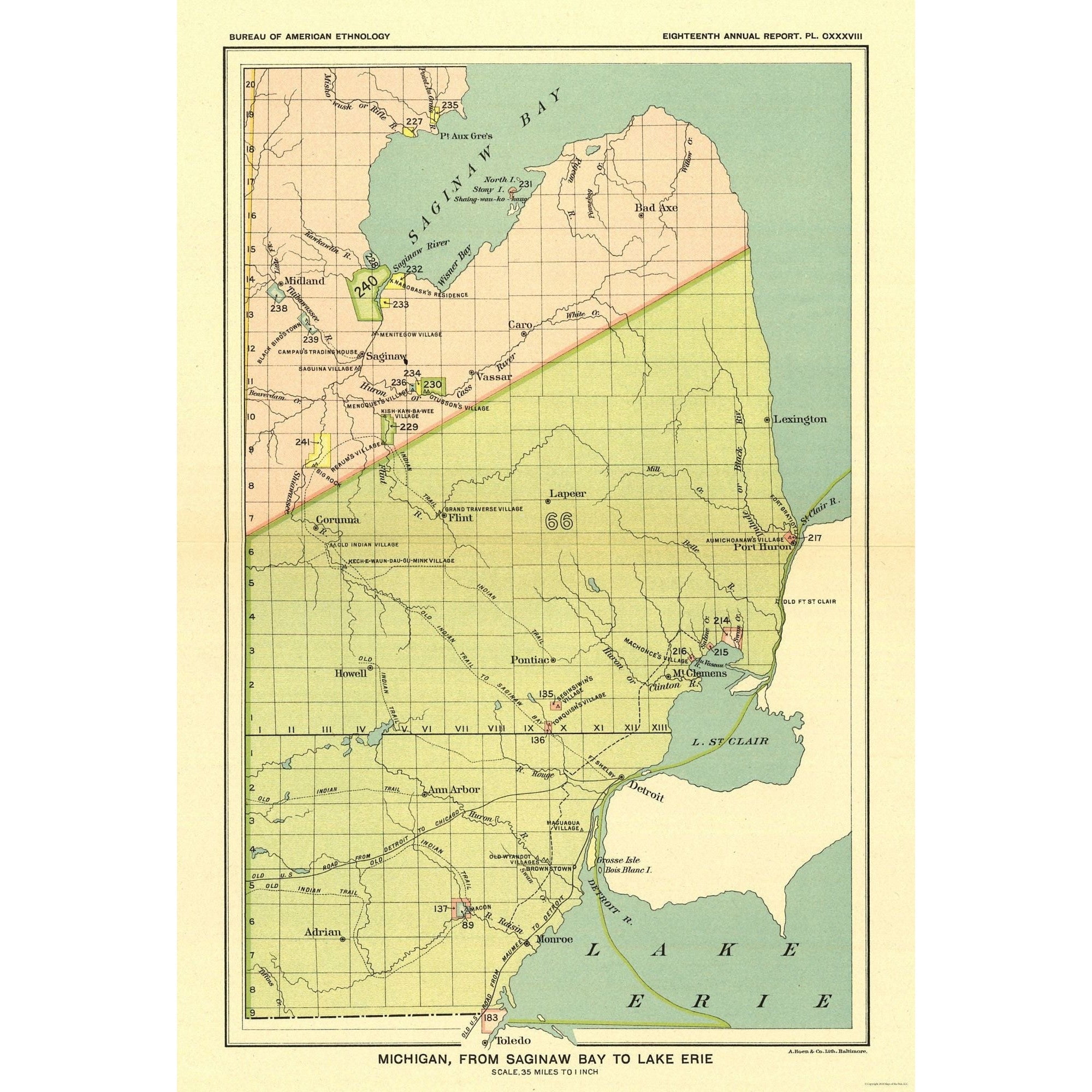 Historic State Map - Michigan Saginaw Lake Lake Erie - Hoen 1896 - 23 x ...