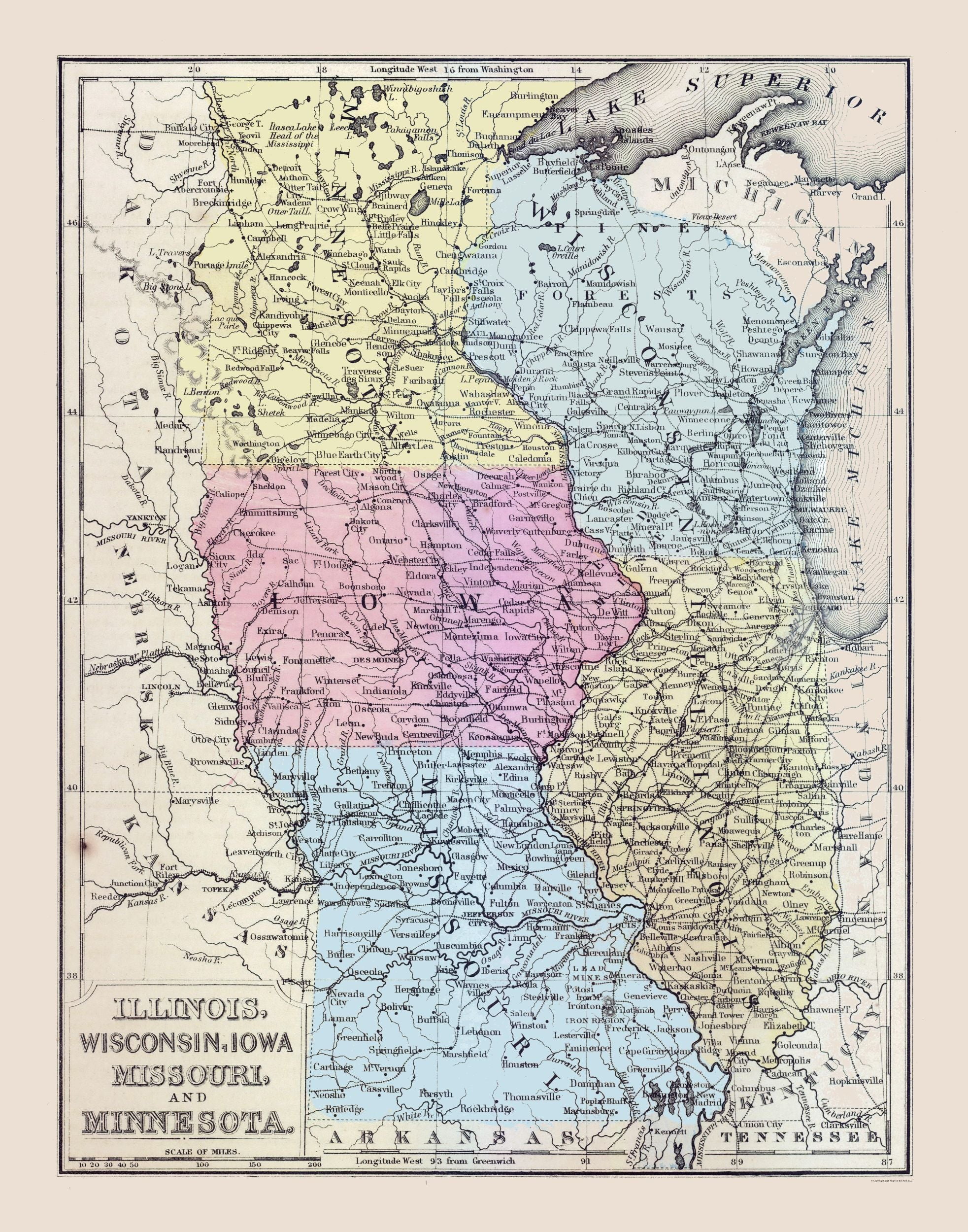 Historic State Map - Midwestern United States - Mitchell 1877 - Vintage ...